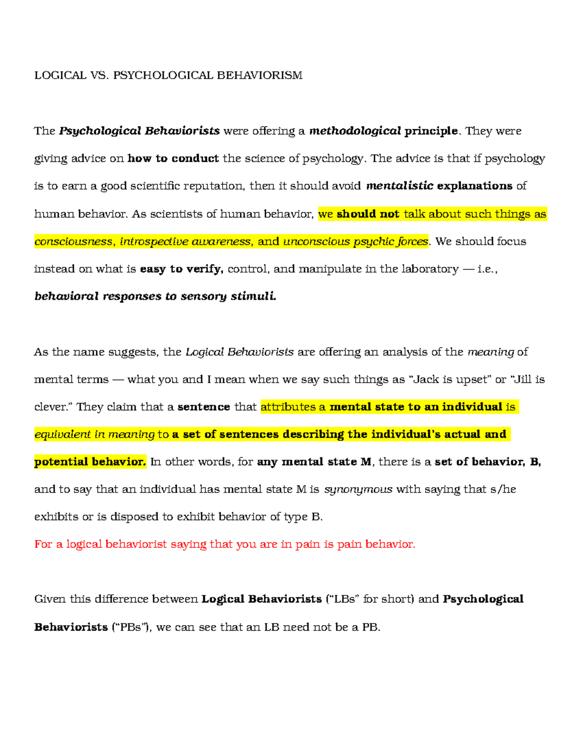 Logical vs. Psychological Behaviorism - LOGICAL VS. PSYCHOLOGICAL ...