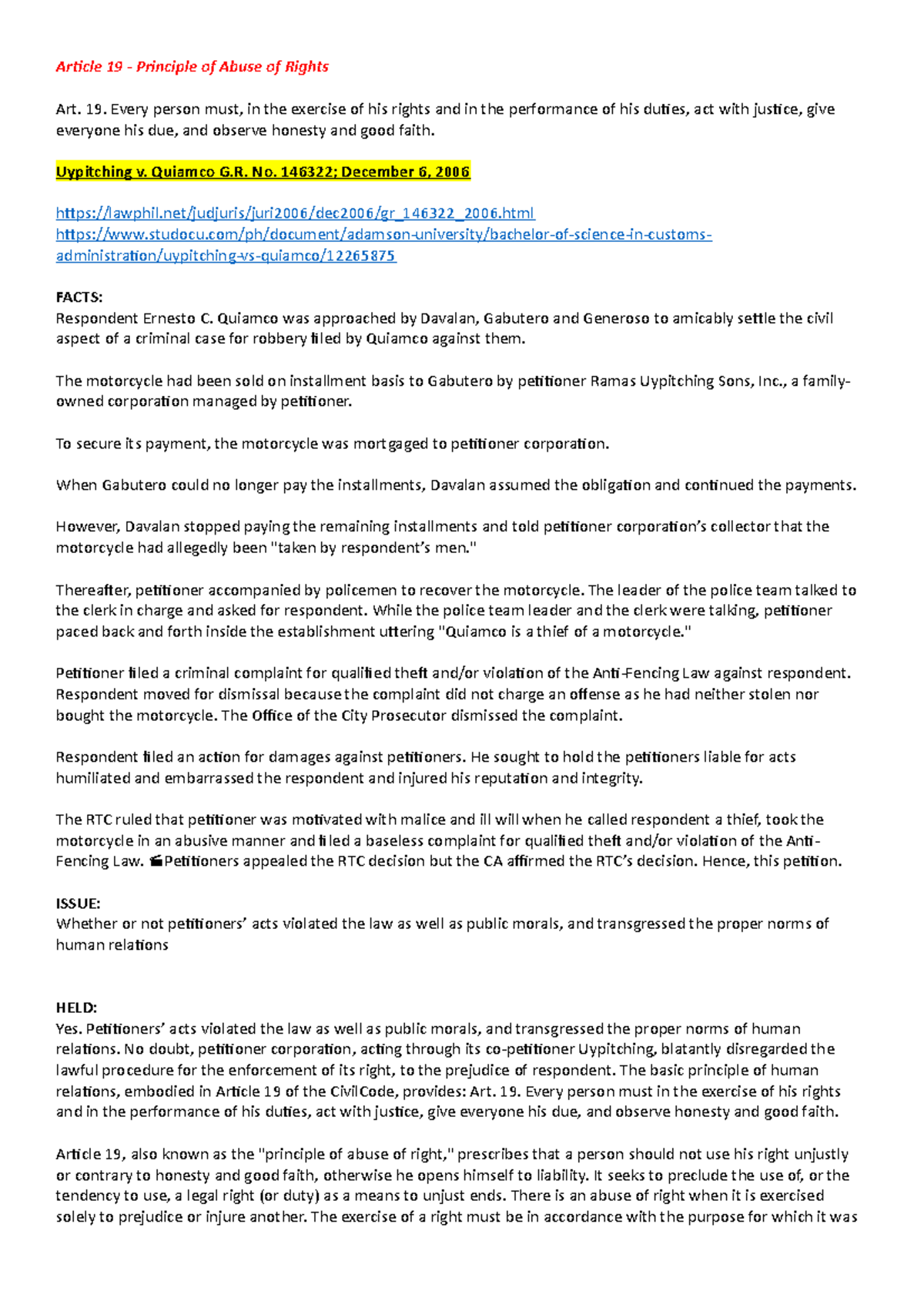 Article 19 - Principle of Abuse of Rights Overview and Case Summaries ...