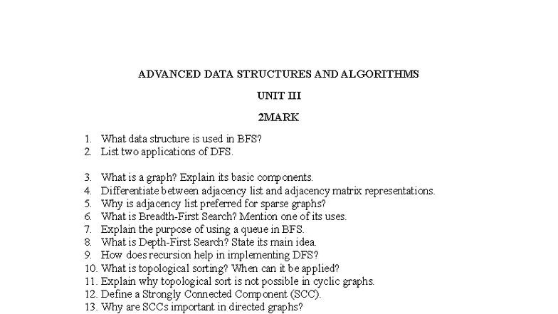ADVANCED DATA STRUCTURES AND ALGORITHMS UNIT III (2&8 MARK) Important Qs & - Studocu
