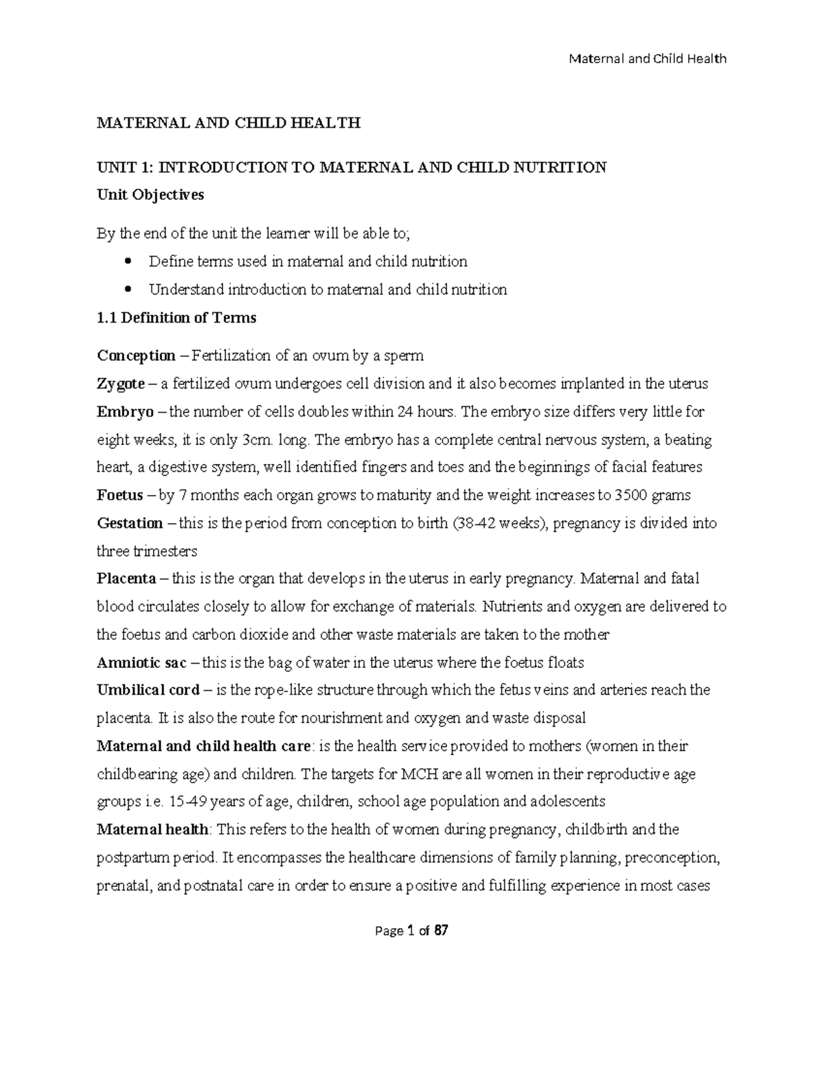 MCH Final Notes: Key Concepts in Maternal and Child Health - Studocu