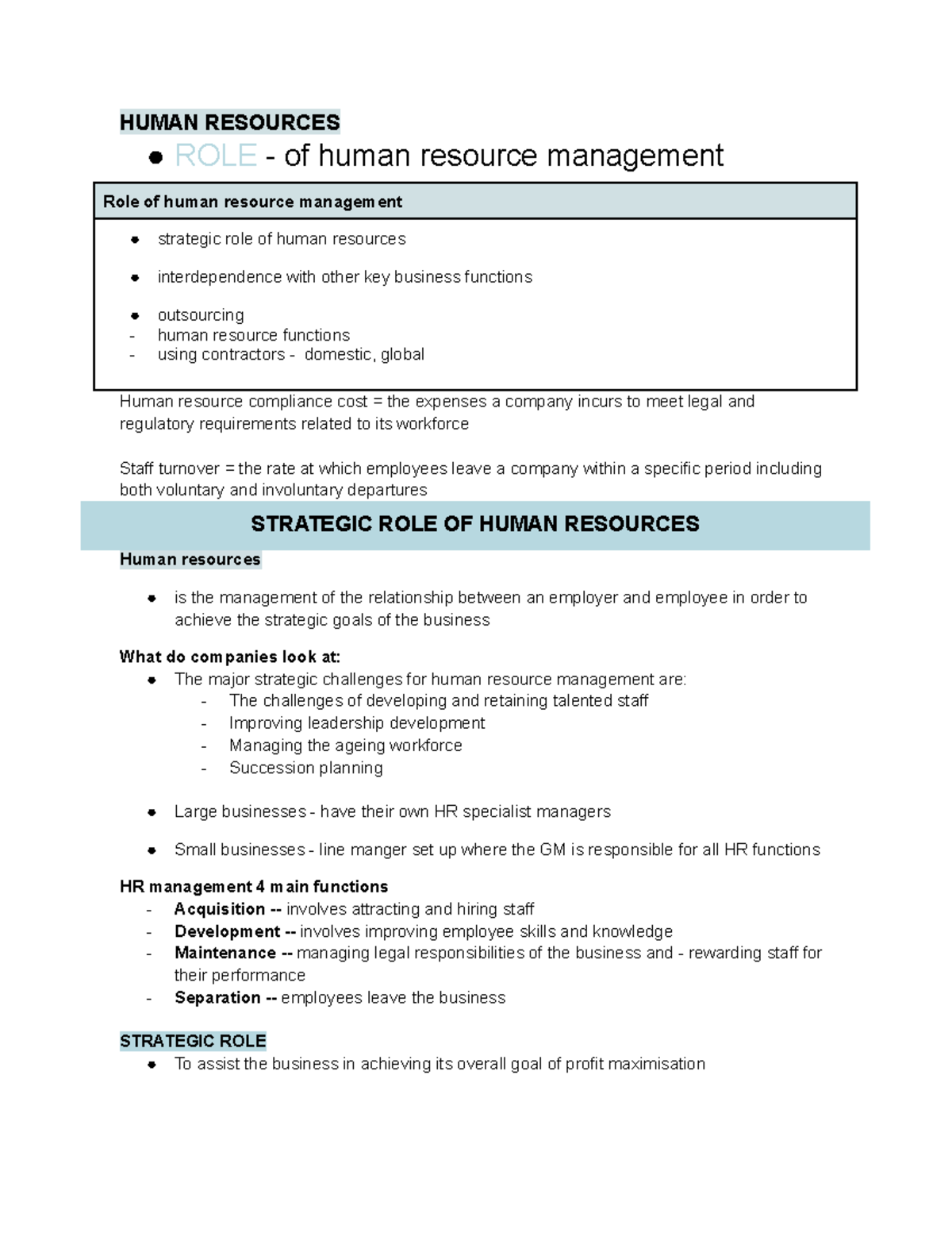 HSC Human Resources Notes: Strategic Role & Key Functions of HR ...