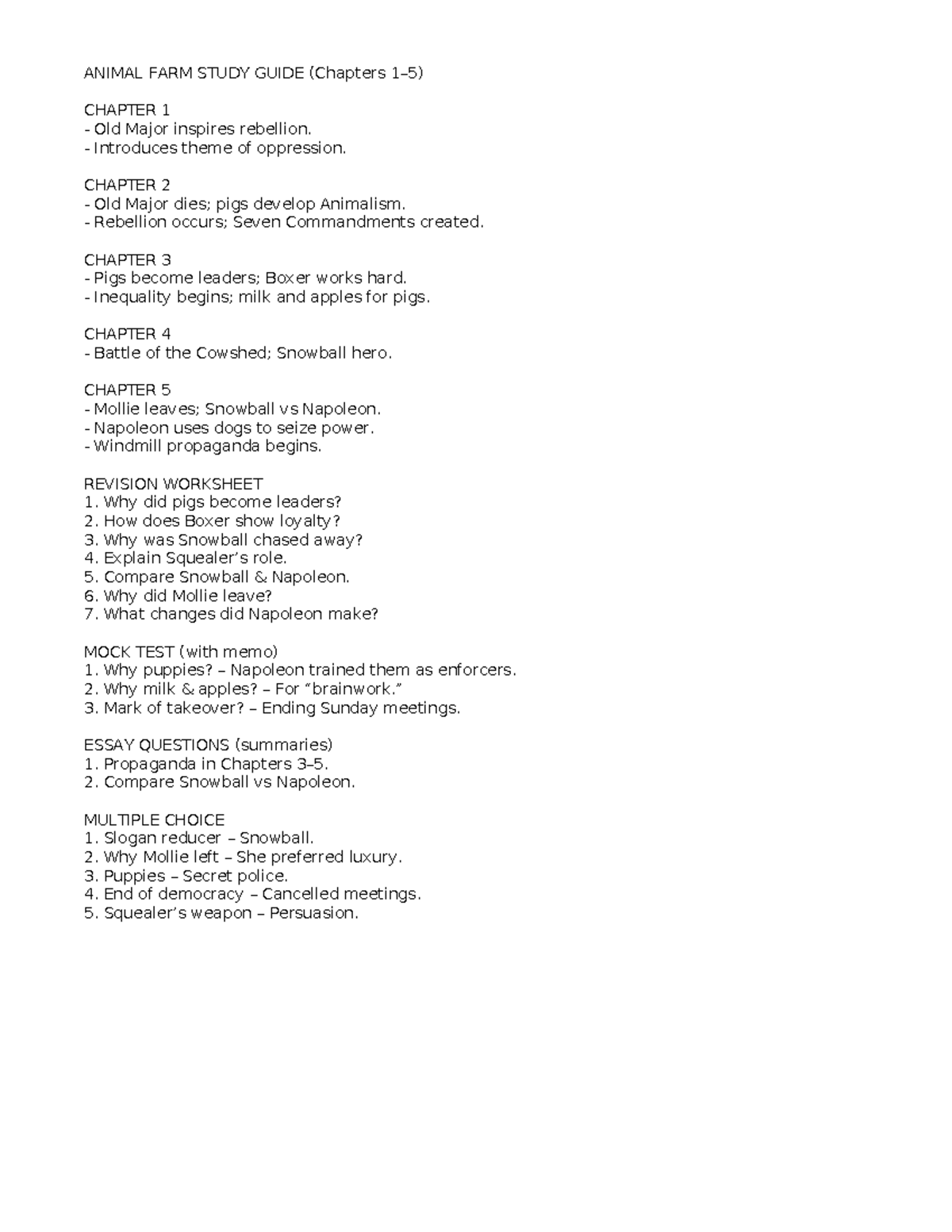 Animal Farm Study Guide: Chapters 1-5 - Studocu