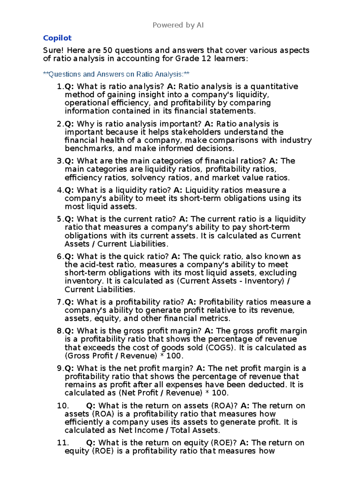 Grade 12 Ratio Analysis: 50 Q&A on Financial Ratios - Studocu