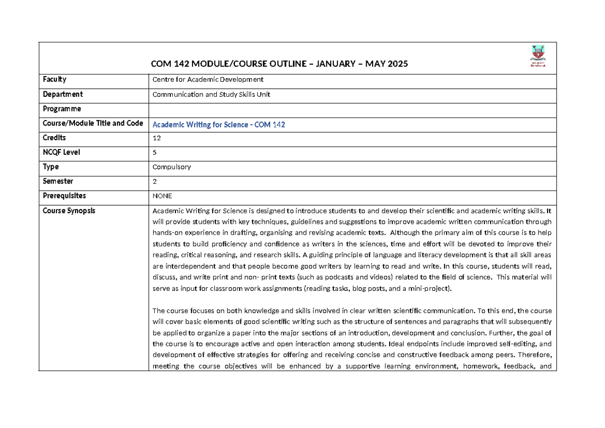COM142 Semester 2 Course Outline 2025 Conteh - COM 142 MODULE/COURSE ...
