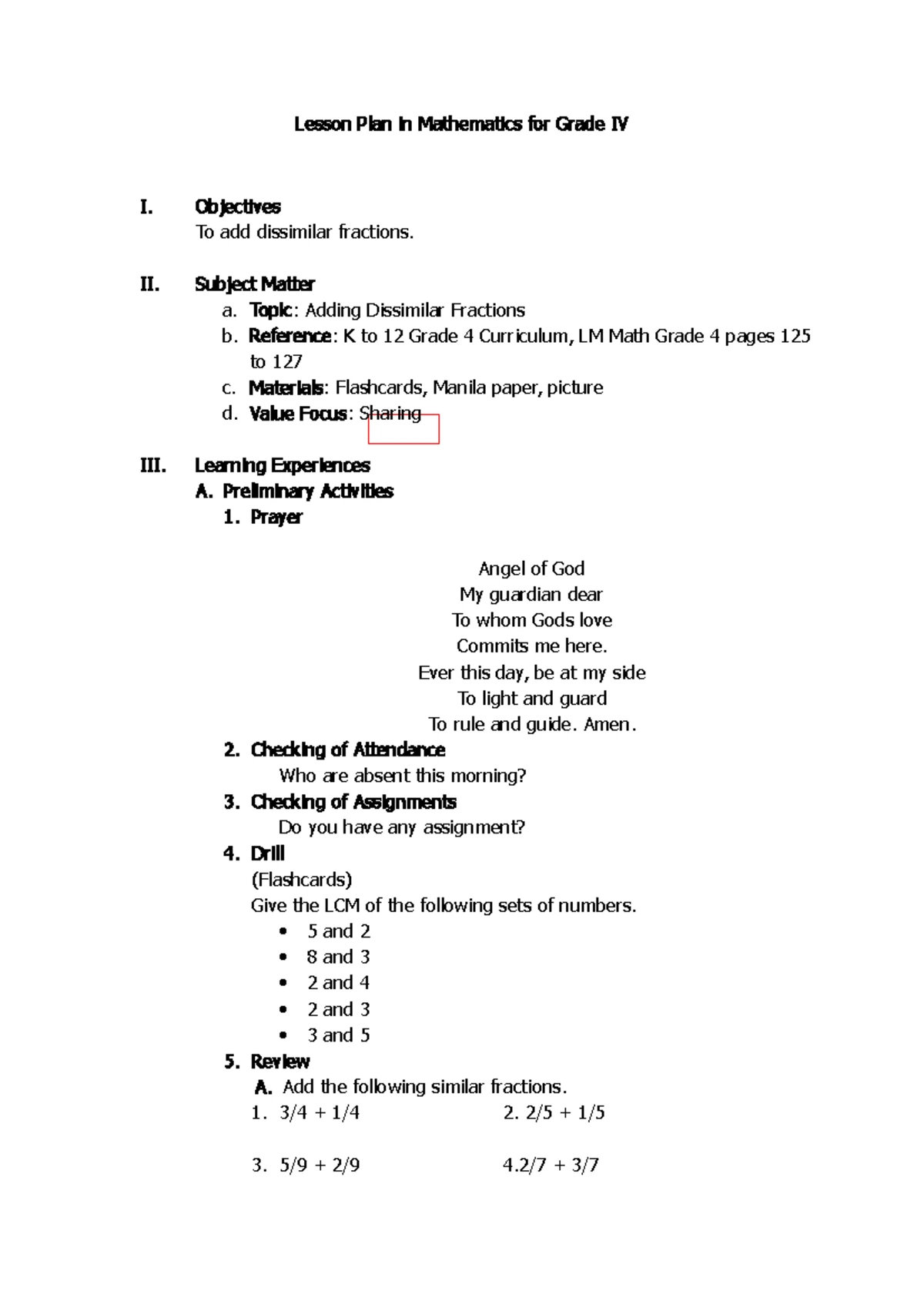 Lesson Plan in Mathematics for Grade 5 - Objectives Multiply a fraction ...