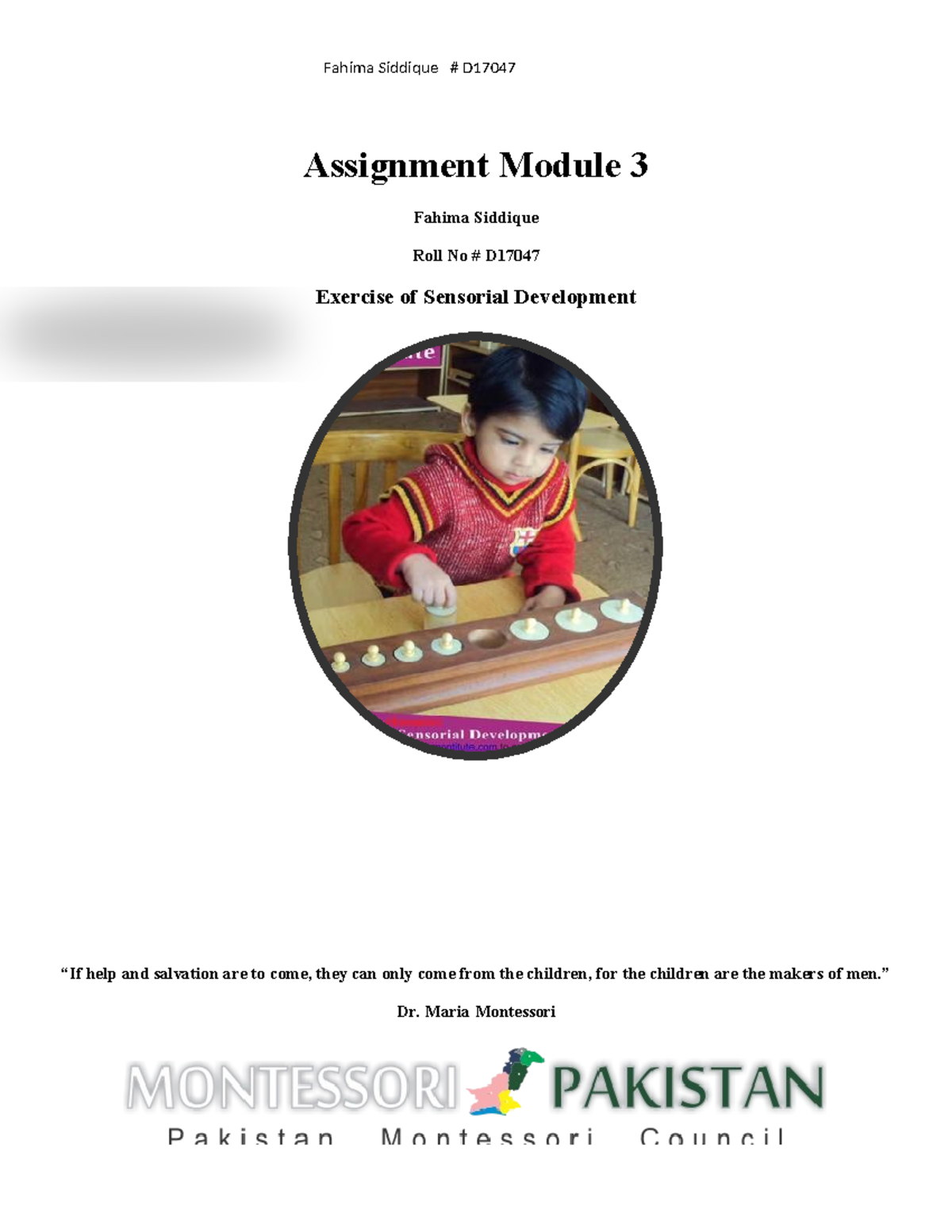Montessori PMC Assignment Module 3: Sensorial Development Insights ...
