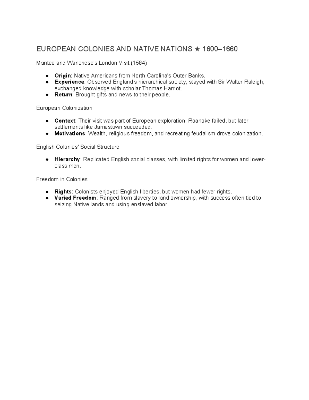 European Colonies & Native Nations: 1600–1660 Key Notes - Studocu