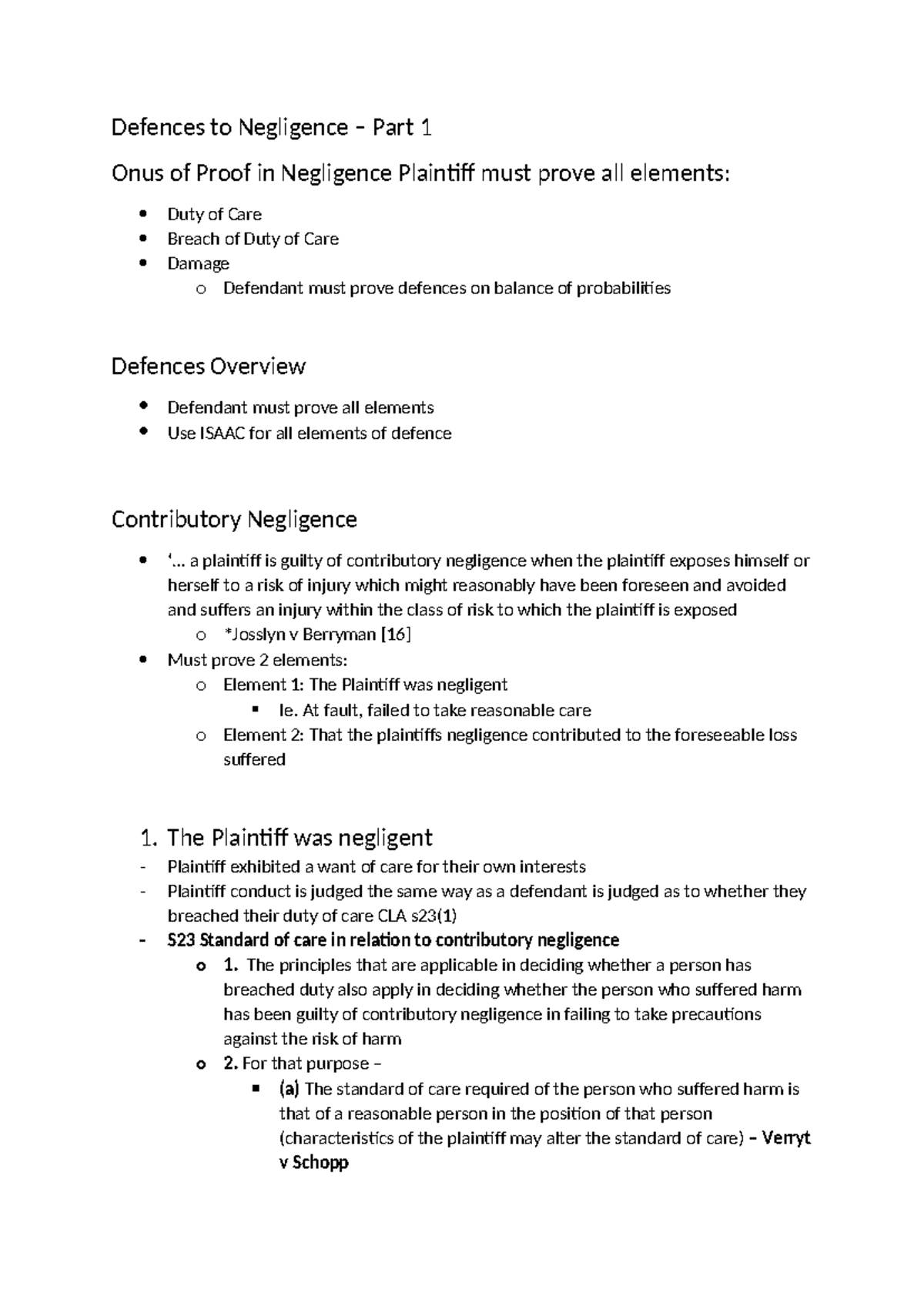 Week 10 Notes Torts: Defences to Negligence and Onus of Proof - Studocu