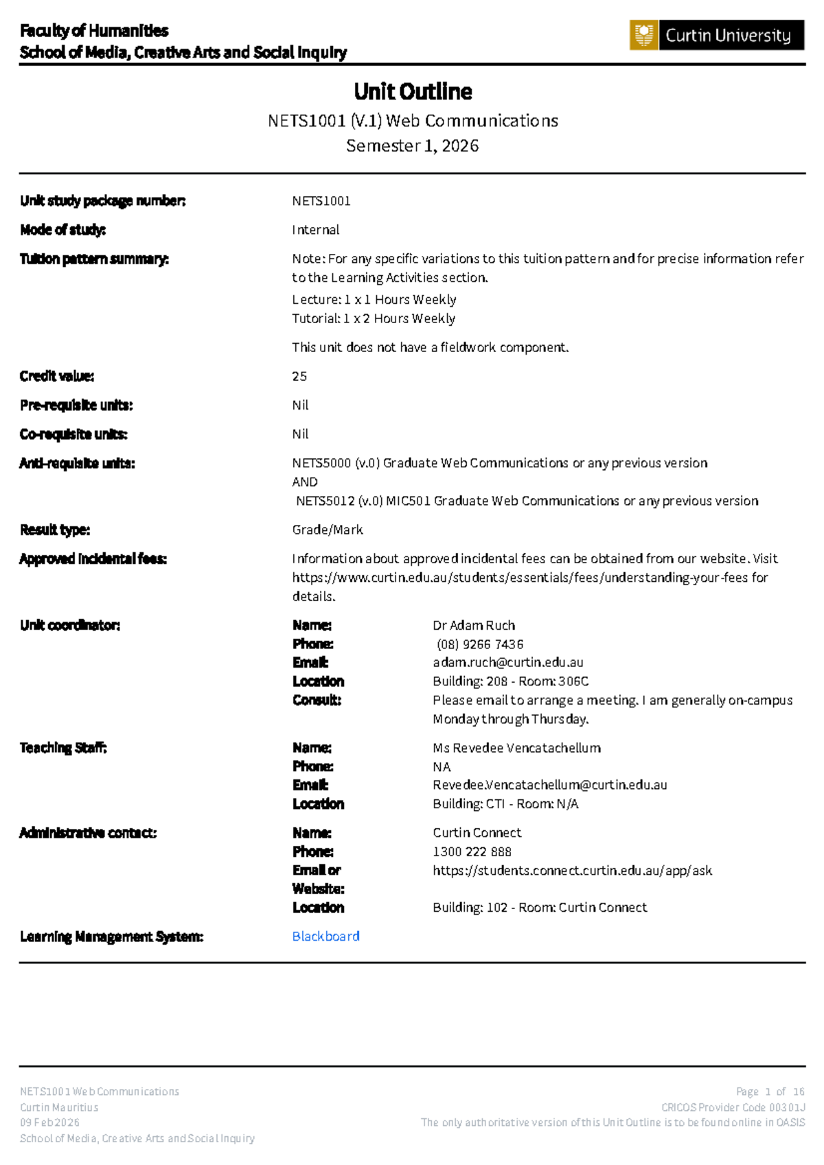 NETS1001 Web Communications Unit Outline - Semester 1, 2026 - Studocu