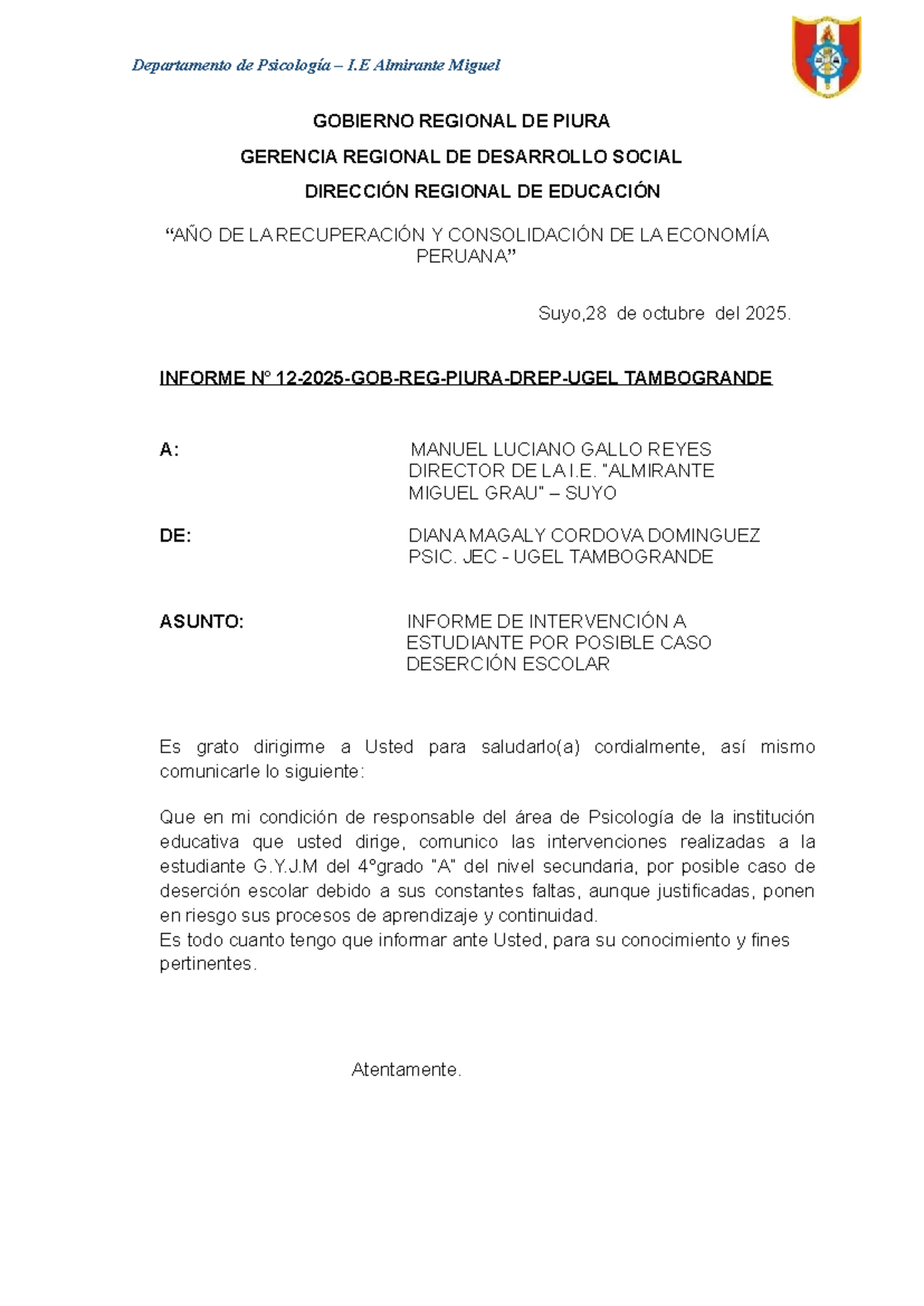 Informe GESY: Intervención Psicológica por Deserción Escolar - Studocu