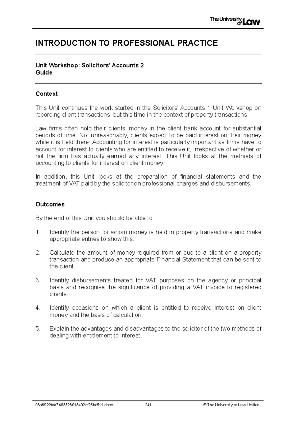 (W2.1) SA2 Guide - Workshop 2 - INTRODUCTION TO PROFESSIONAL PRACTICE Unit Workshop: Solicitors ...