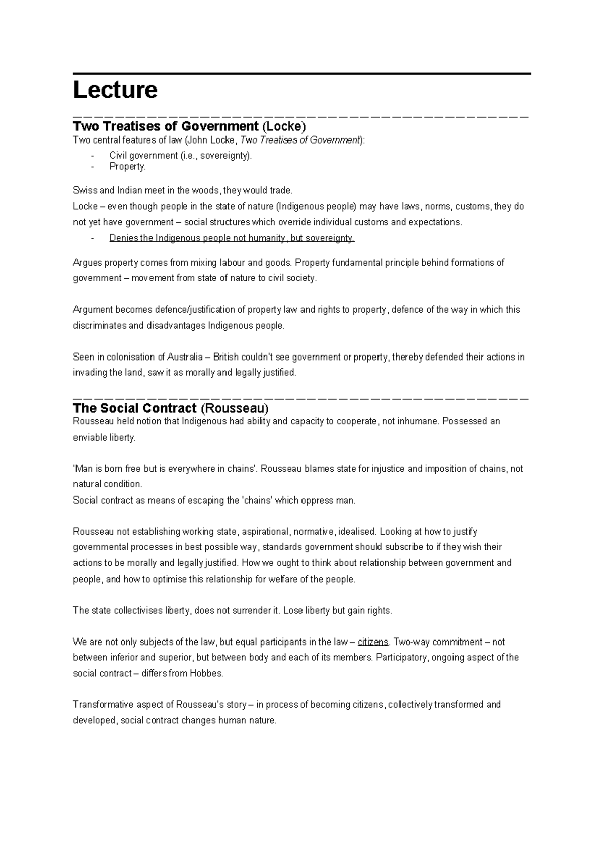 W4 - Lecture Notes on Locke and Rousseau: State of Nature and Social ...
