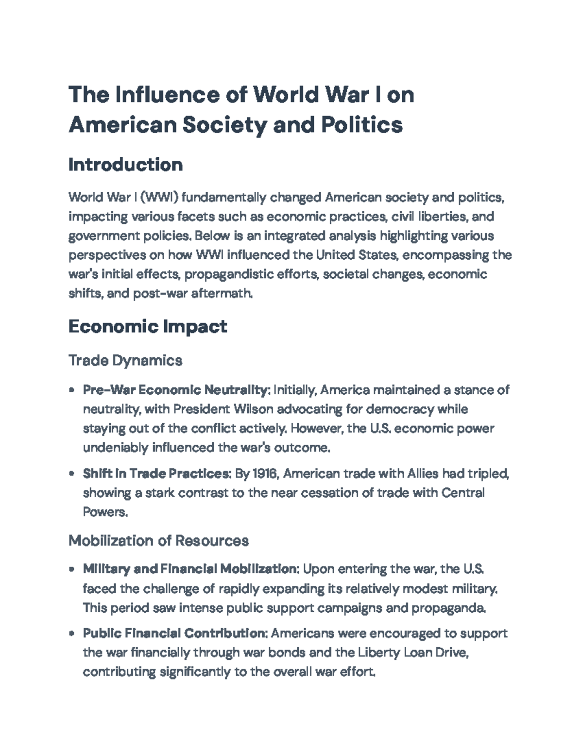 The Influence of WWI on American Society & Politics: A Comprehensive ...
