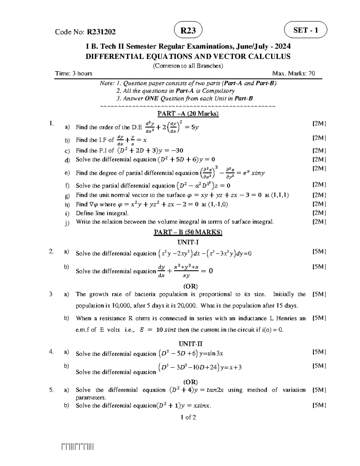 Differential Equations & Vector Calculus - I B. Tech II Sem Exam R23 ...