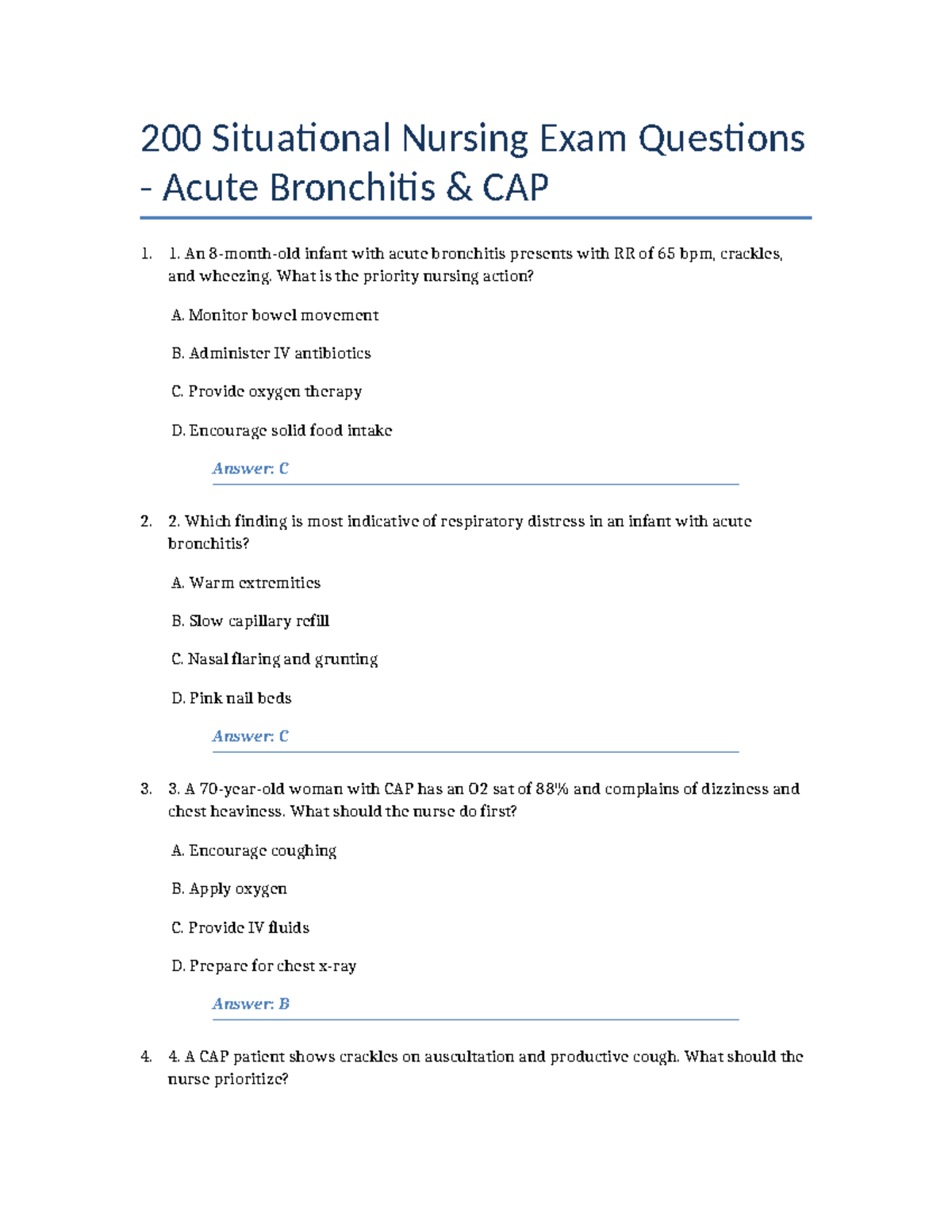 200 Nursing Situational Questions on Acute Bronchitis (CAP) - Studocu