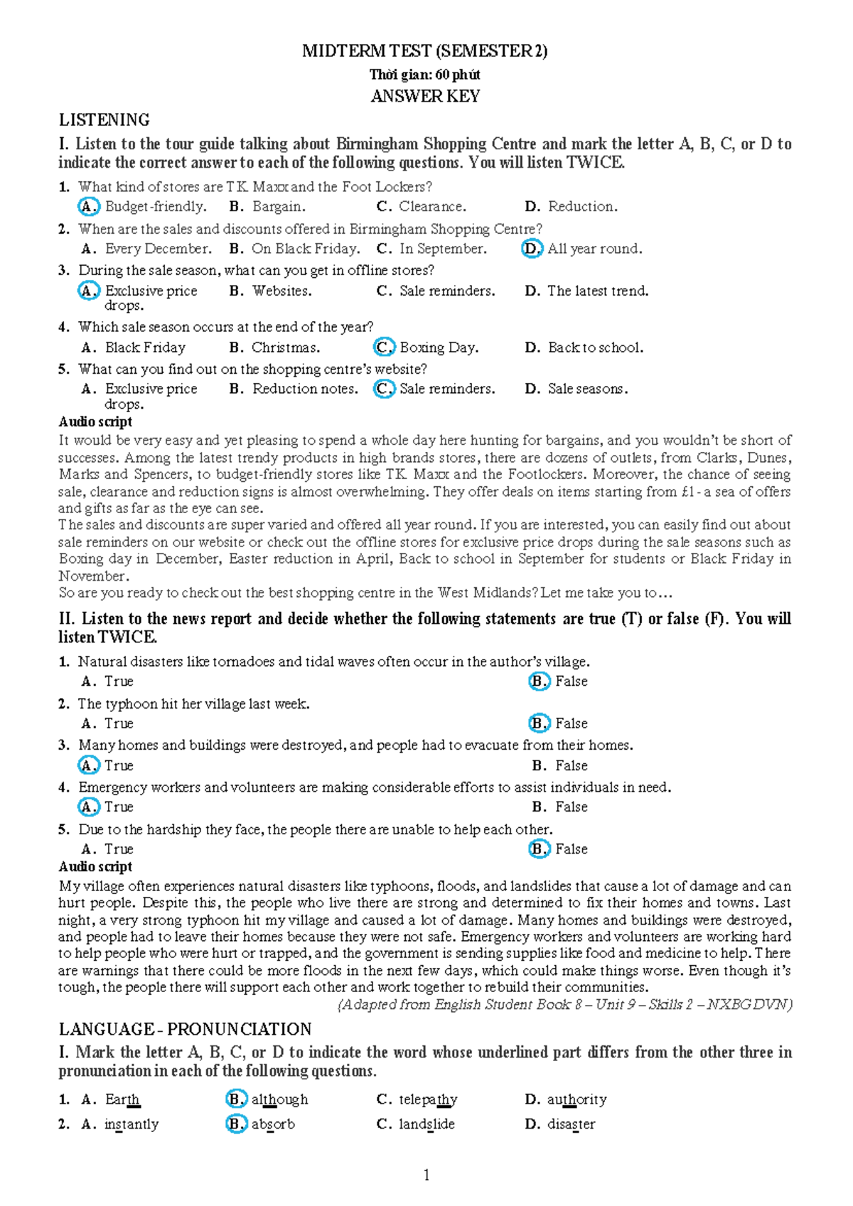 MIDTERM TEST (SEMESTER 2) Listening Answer Key and Scripts - Studocu