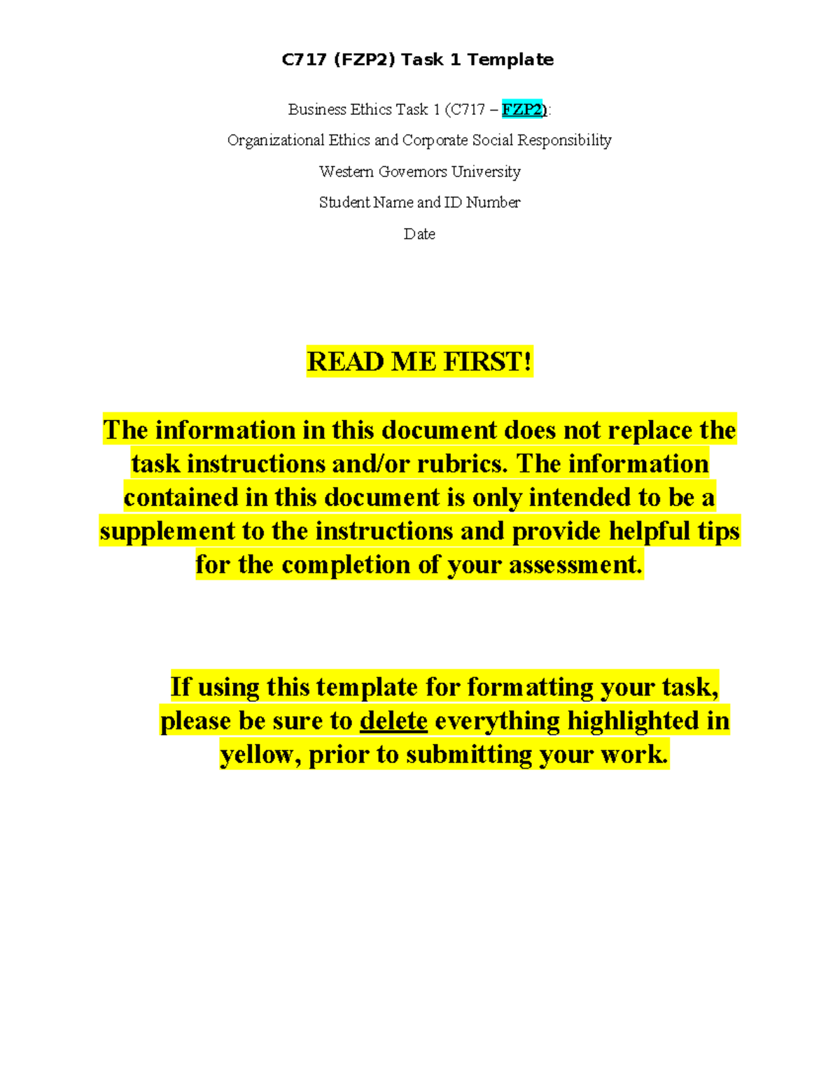 C717 (FZP2) Task 1 Template: Business Ethics & CSR Analysis - Studocu