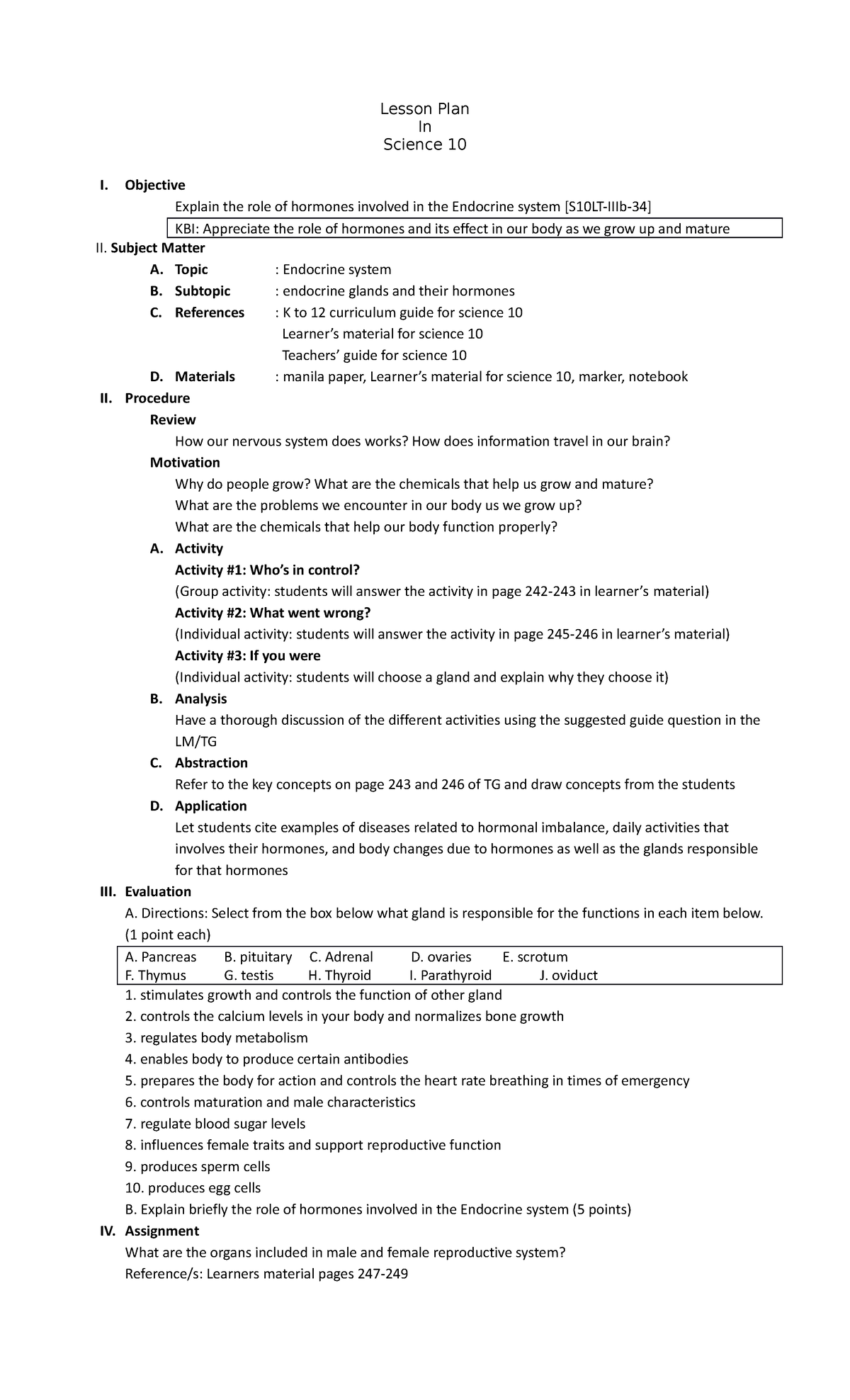 Hormones: Lesson Plan for Science 10 [S10LT-IIIb-34] - Studocu