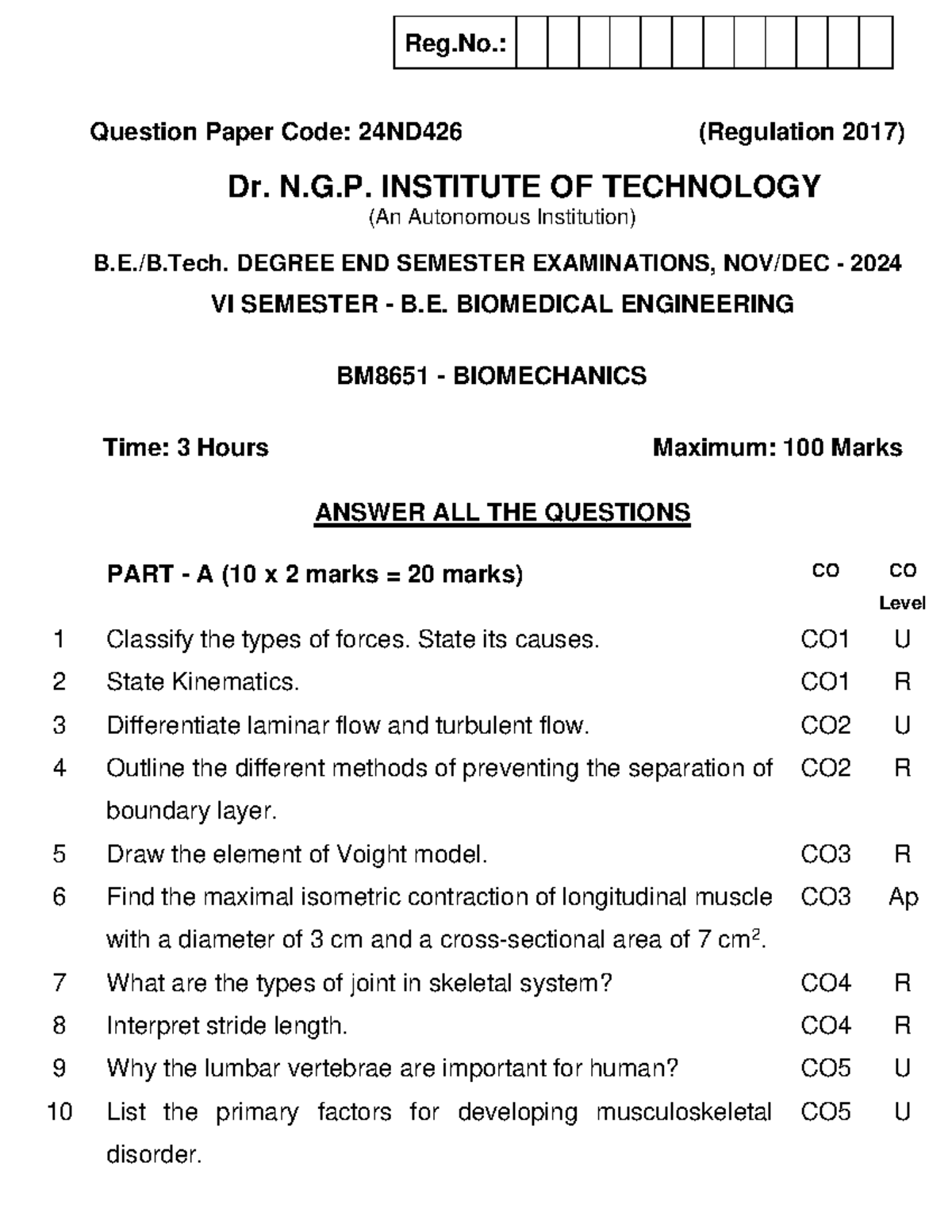 BM8651 - Biomechanics End Semester Exam Question Paper 2024 - Studocu