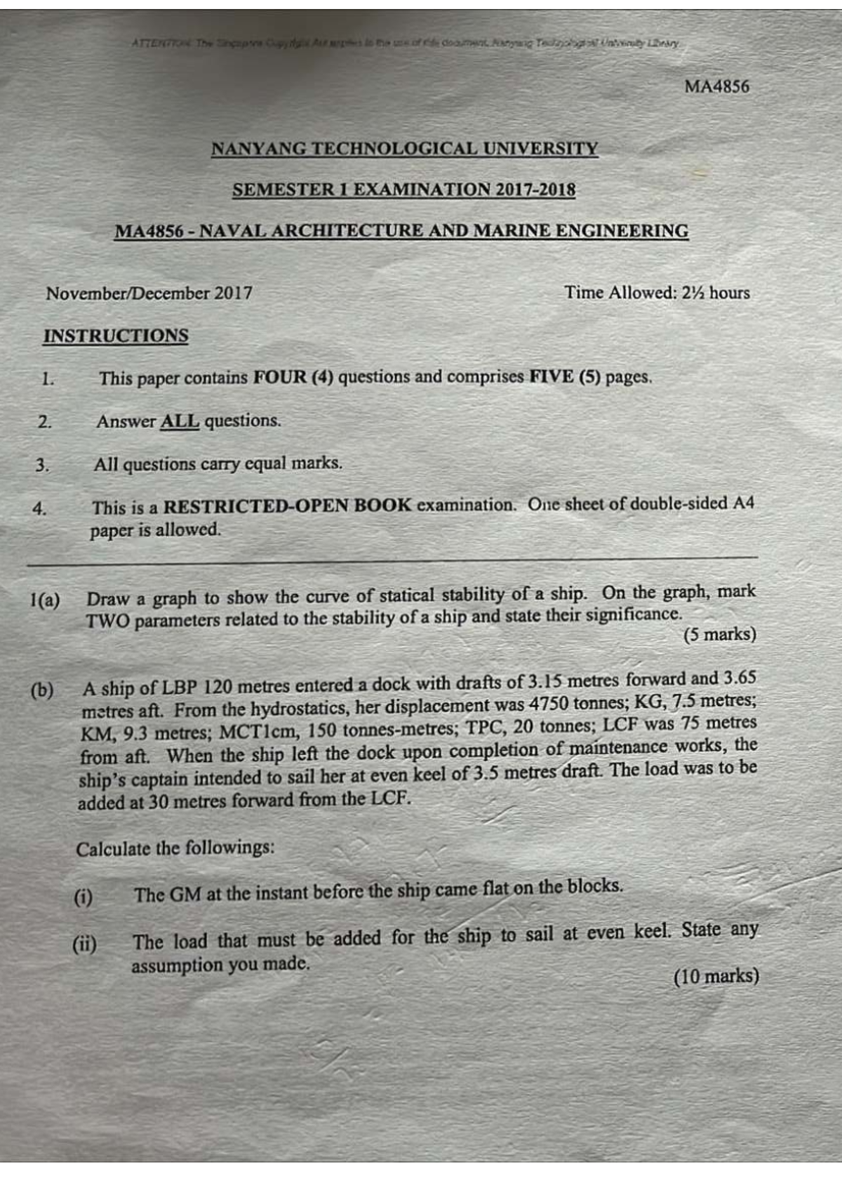MA4856 2017-2018 Semester 1: Stability Analysis and Trim Calculations ...