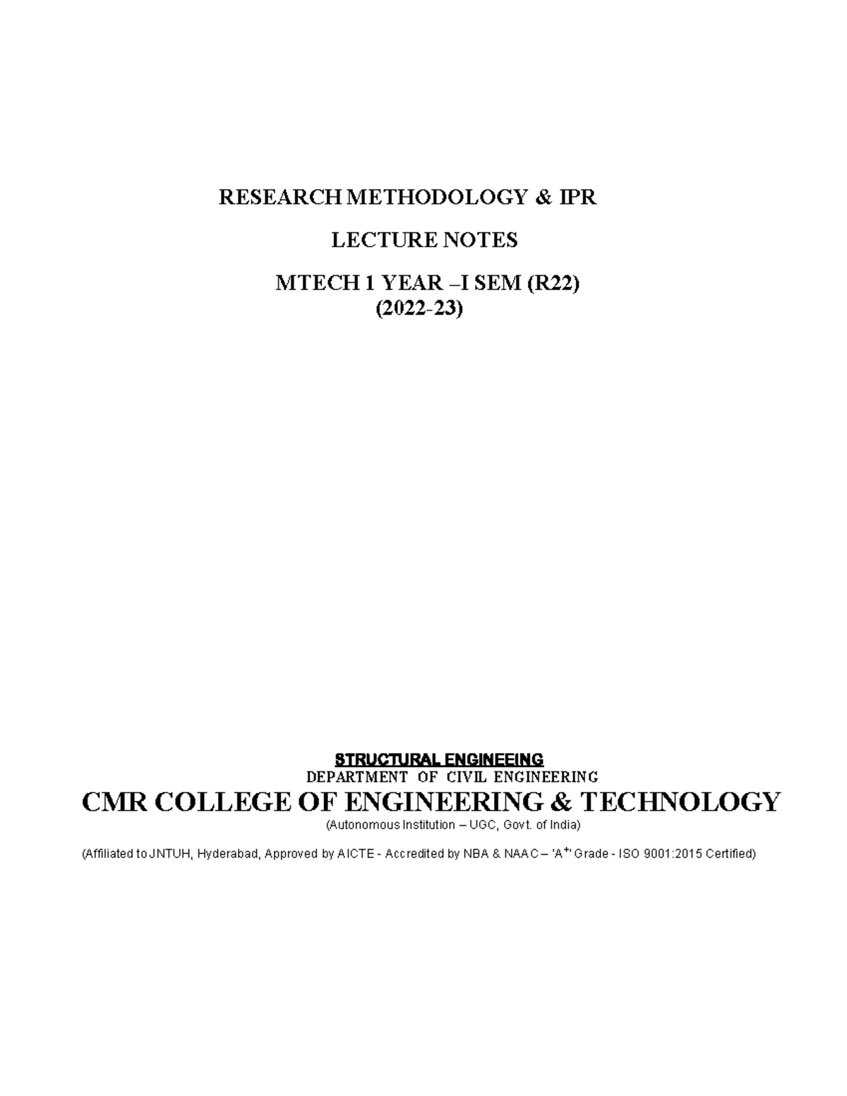 Research Methodology & IPR - M.Tech 1st Year Lecture Notes - Studocu