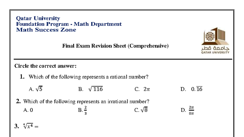 Qatar University Foundation Program Math EA-Final Exam Revision Guide ...