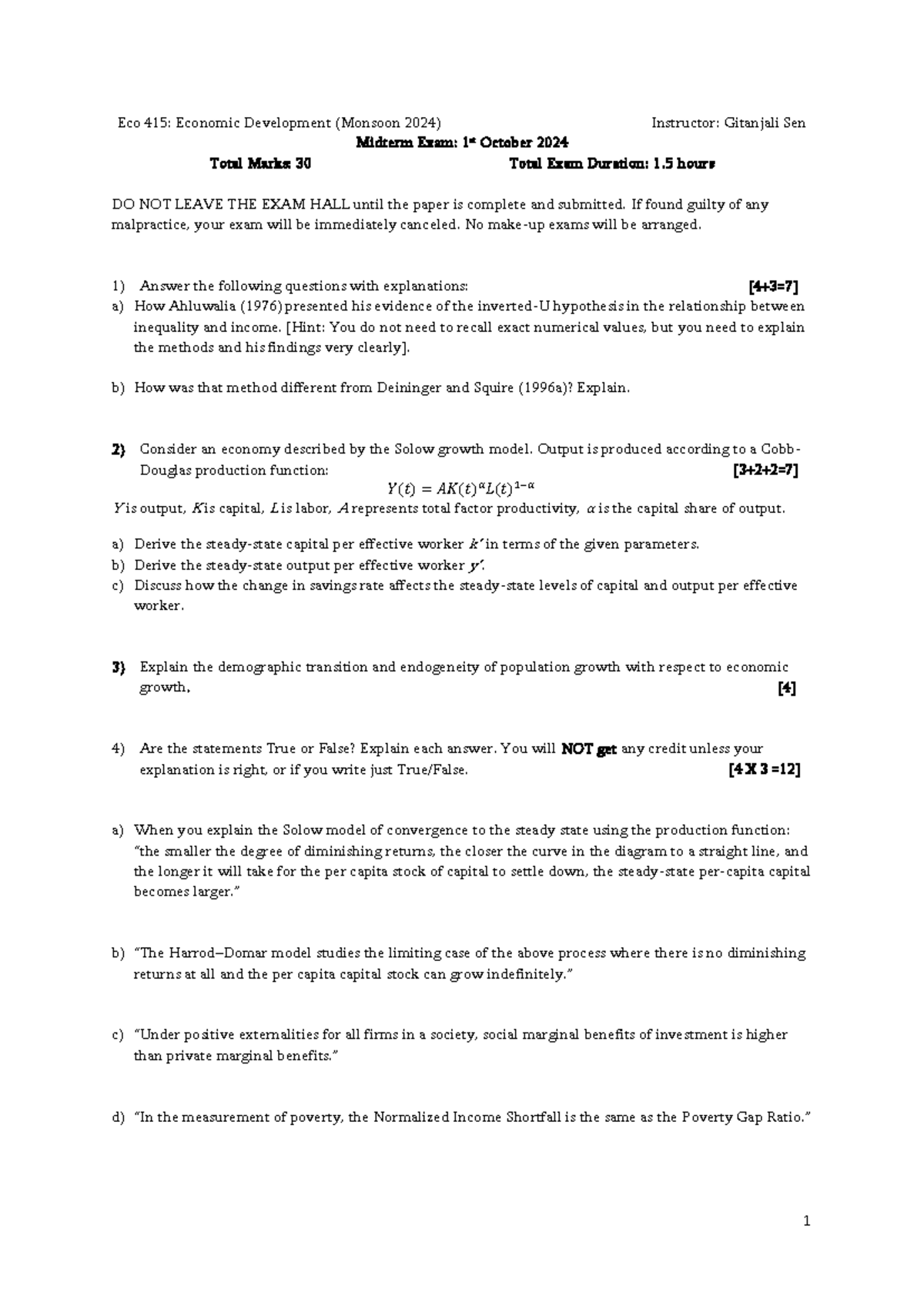 Eco 415: Midterm Exam Practice Paper (Monsoon 2024) - Studocu