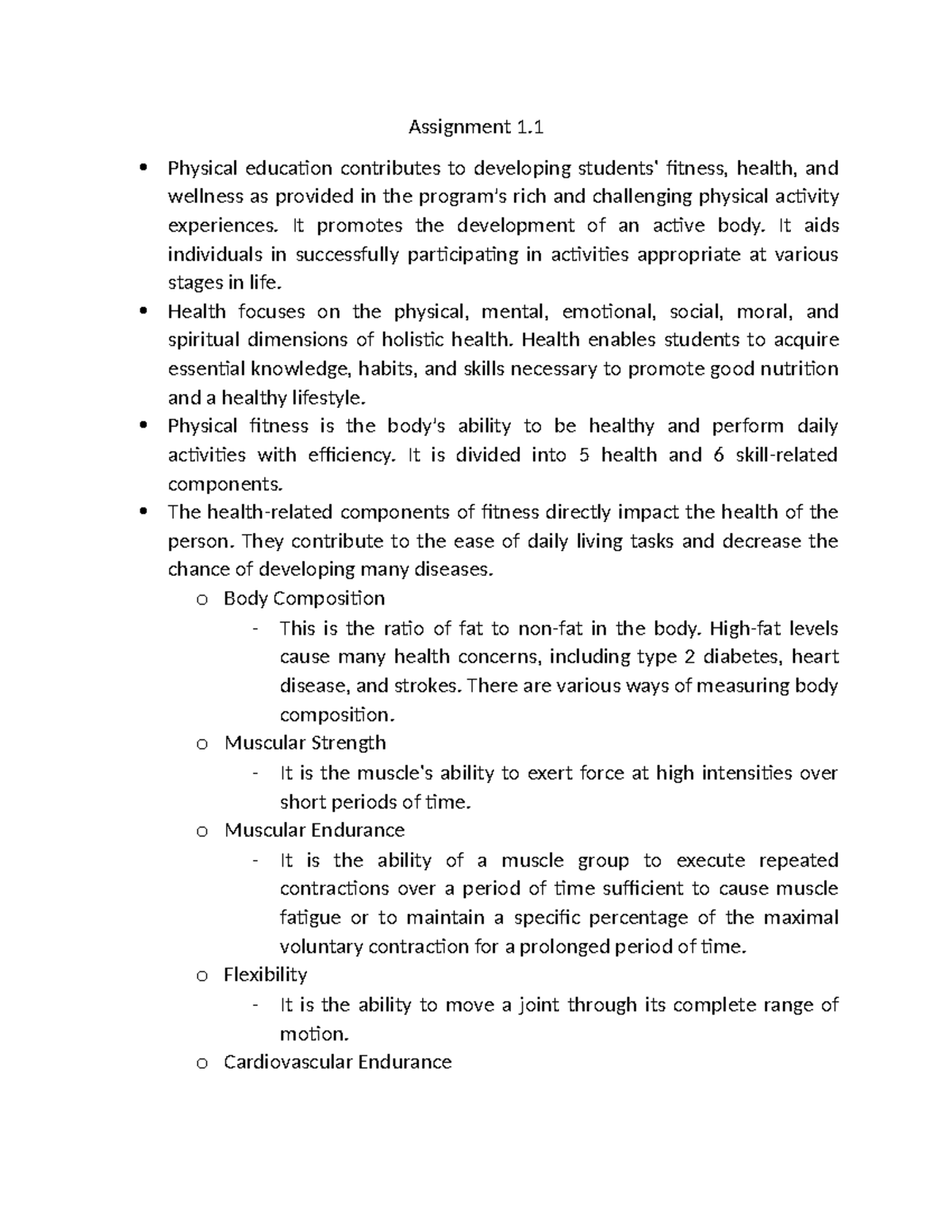 PEH Assignment 1.1 - Assignment 1. Physical education contributes to ...
