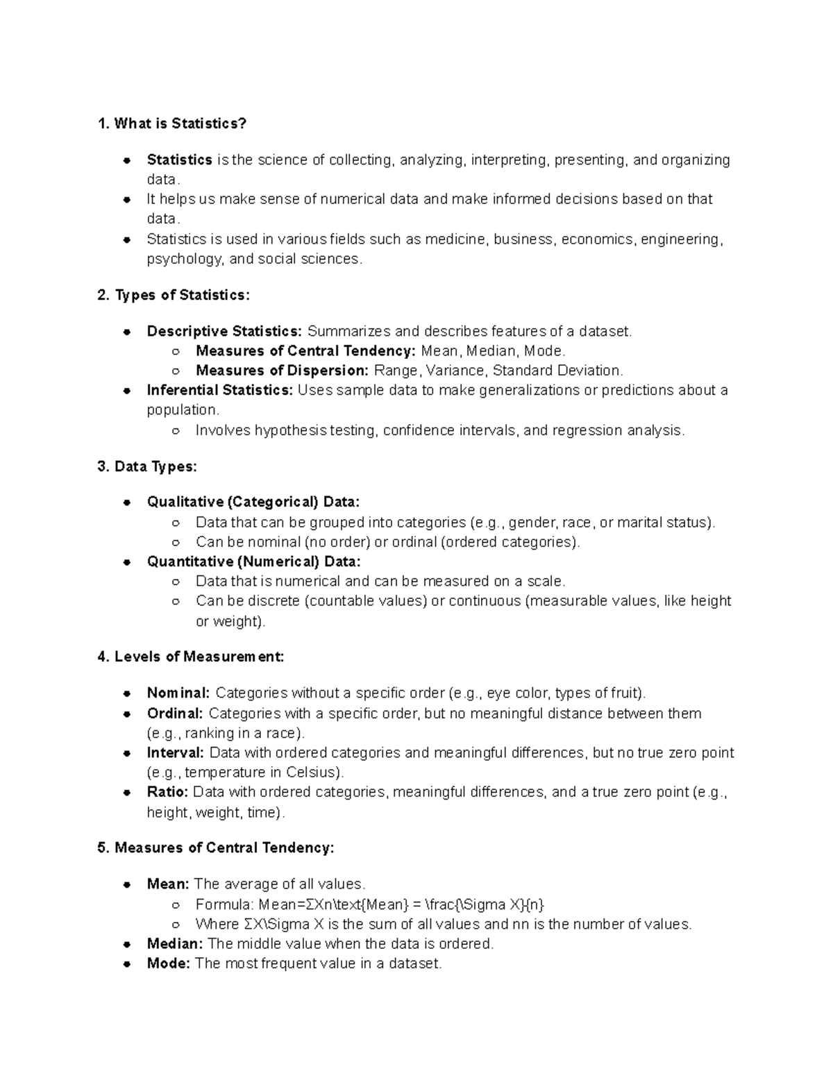 Intro To Statistics Lecture Notes What Is Statistics Statistics Is The Science Of Collecting