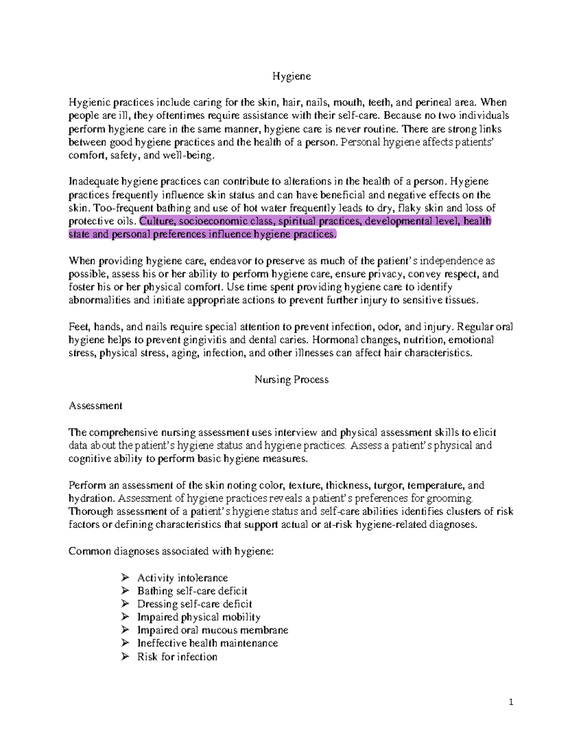Hygiene Assessment and Care Techniques in Nursing Practice (NUR 101 ...