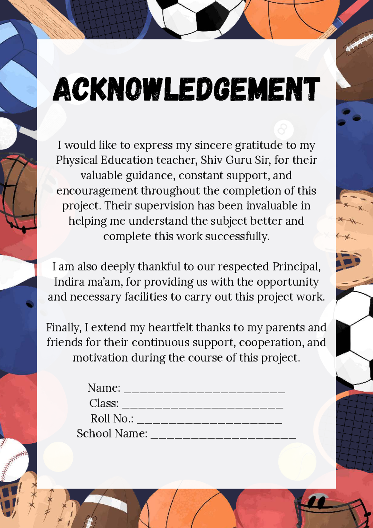 Acknowledgement for PE Project: Gratitude to Teachers & Supporters ...