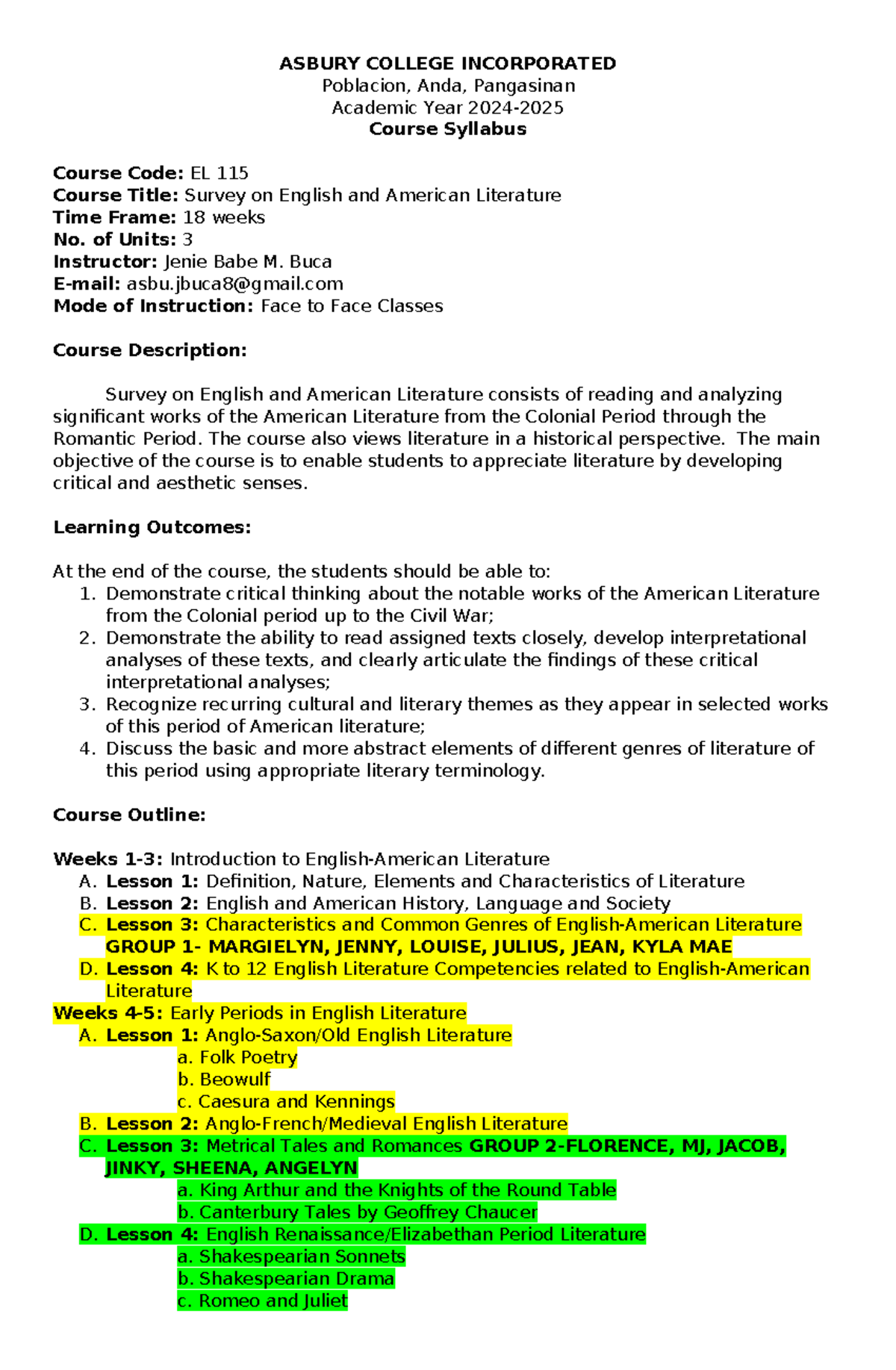 EL 115 Course Syllabus: Survey of English & American Literature - Studocu