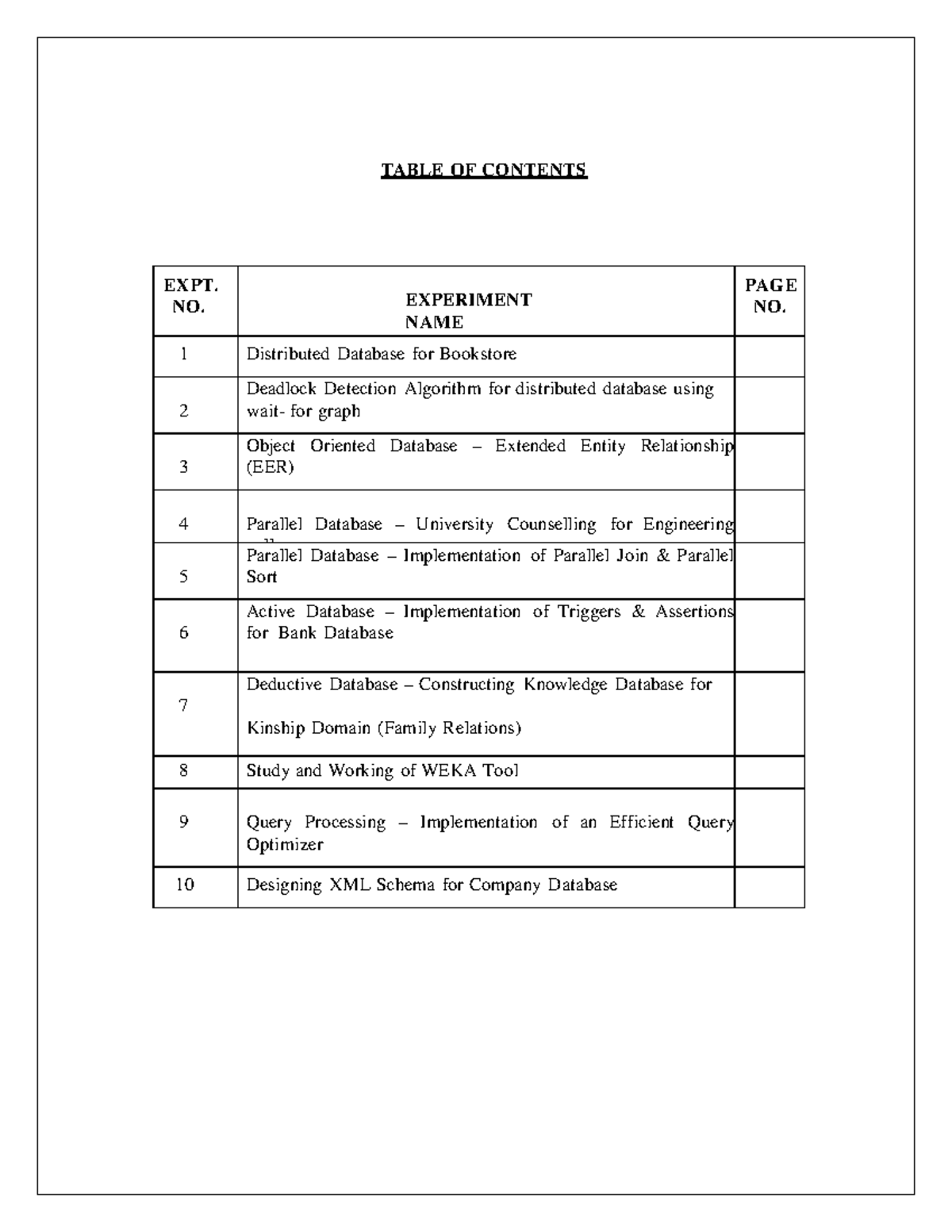 Pdfcoffee - advanced-databases-laboratory-manual - TABLE OF CONTENTS EXPT. NO. EXPERIMENT NAME ...