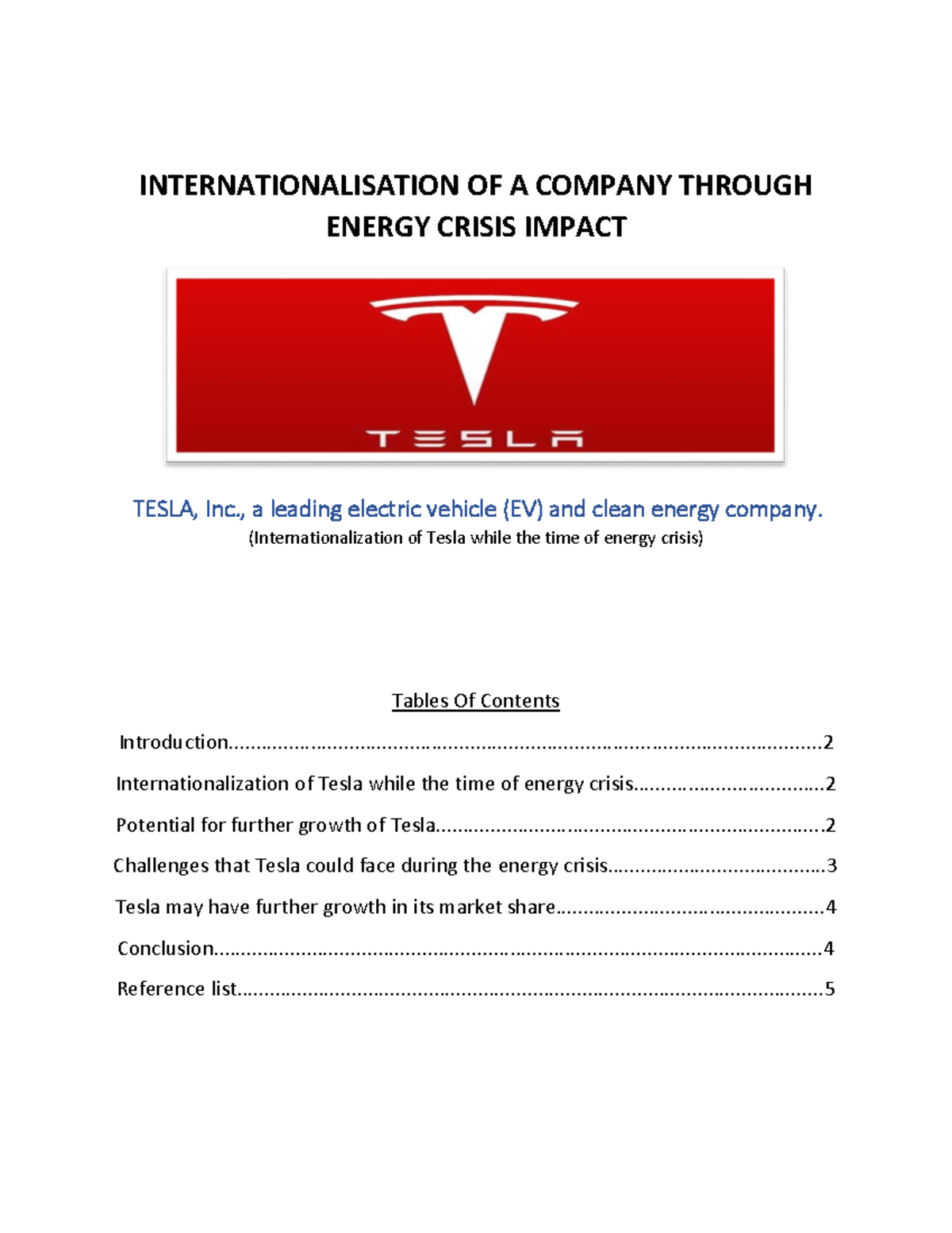 Assignment 1 tesla - INTERNATIONALISATION OF A COMPANY THROUGH ENERGY ...