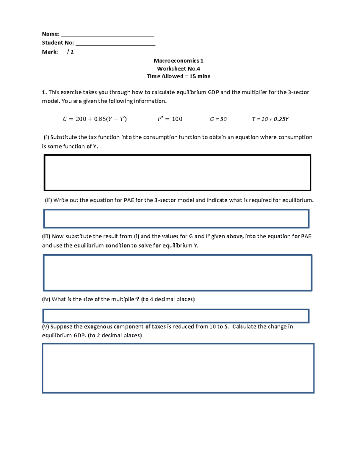 Macroeconomics 1 Worksheet No.4: Equilibrium GDP & Multiplier Analysis ...