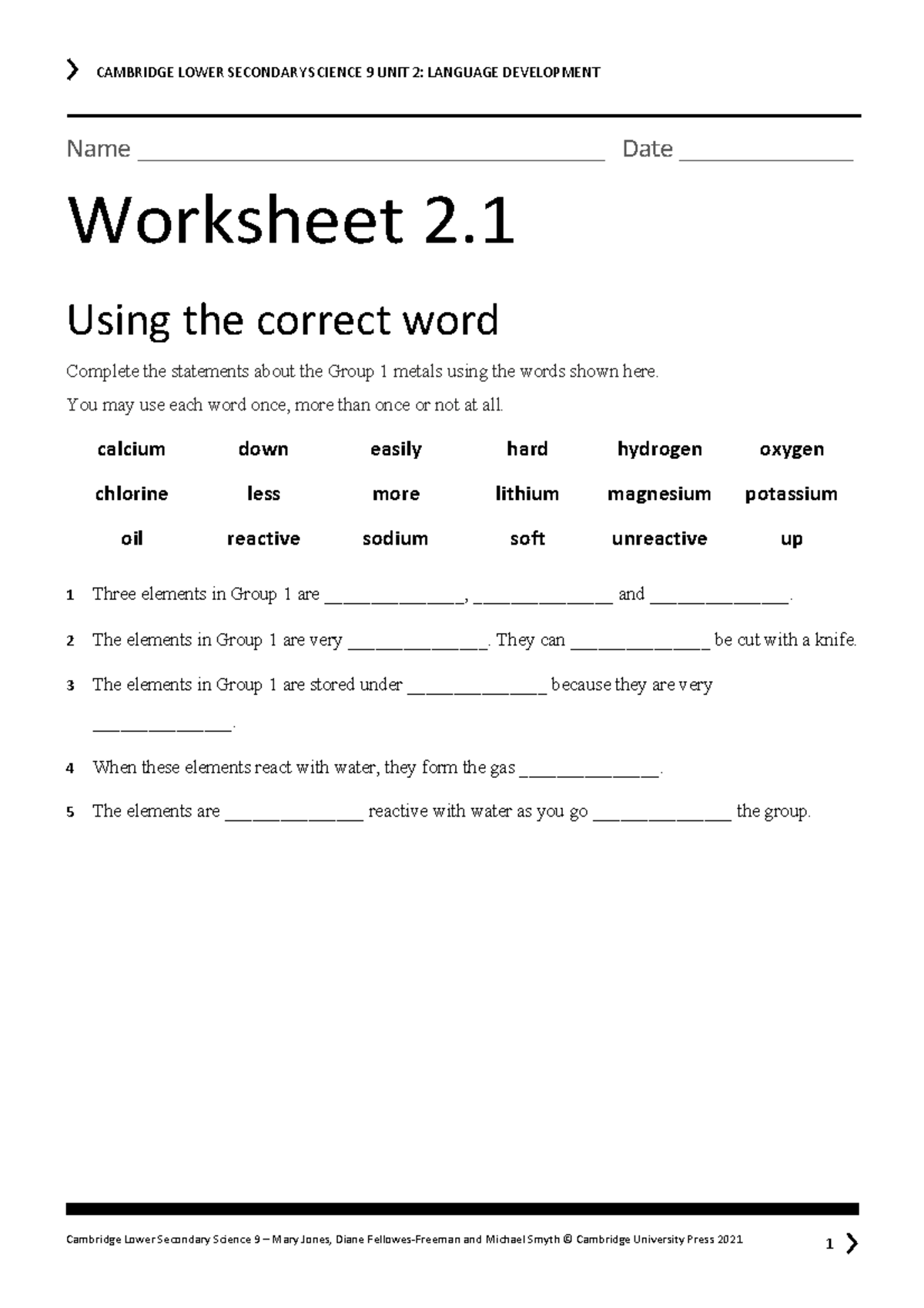 CAMBRIDGE LOWER SECONDARY SCIENCE 9 UNIT 2: LANGUAGE WORKSHEETS - Studocu