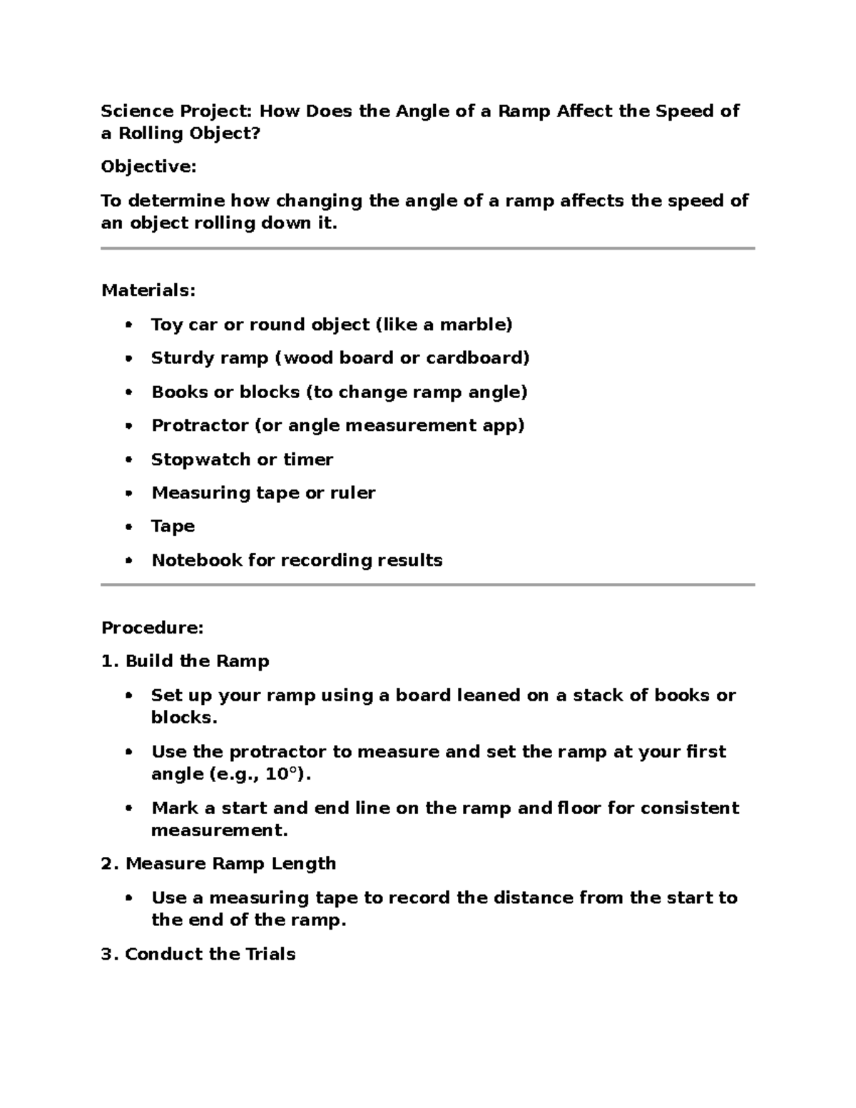Science Project: Impact of Ramp Angle on Rolling Object Speed - Studocu