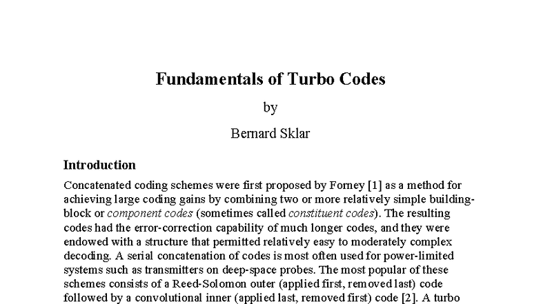 Fundamentals of Turbo Codes (ART SKLAR 3) - A Comprehensive Overview ...