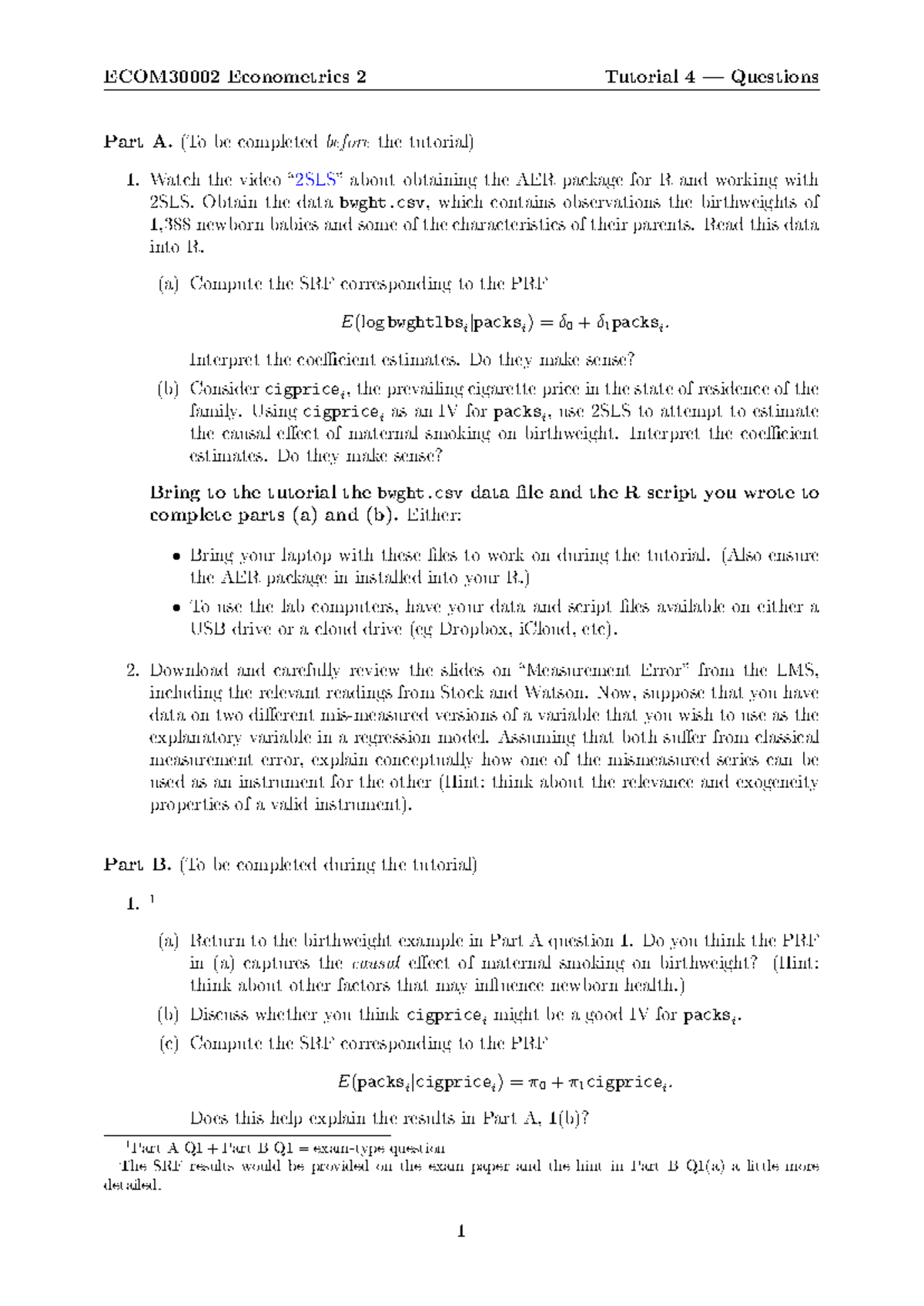 Tutorial 4 Questions part A and part B - ECOM30002 - Melbourne - Studocu