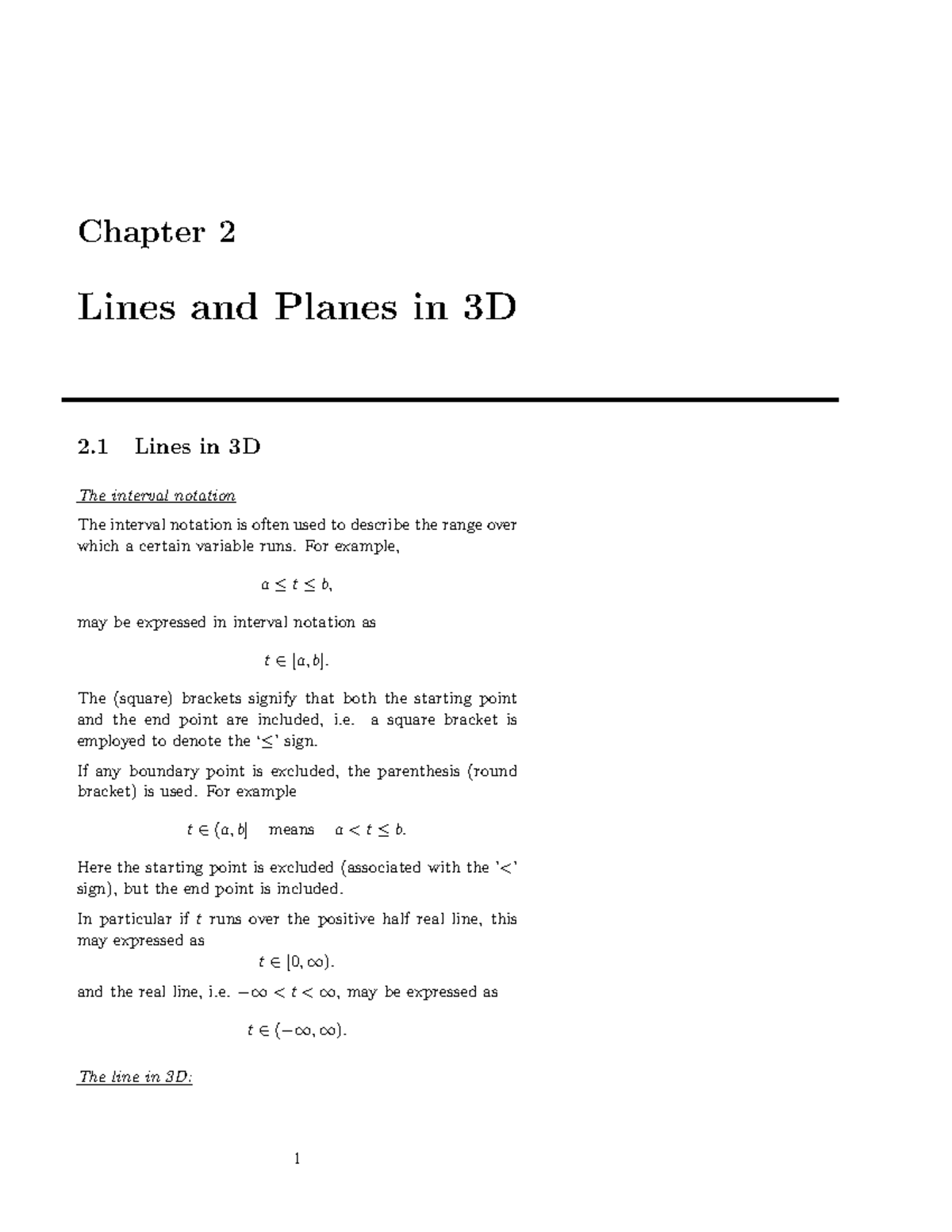 LA2 Linesplanes 001 - Matrices - Chapter 2 Lines and Planes in 3D 2 Lines in 3D The interval ...