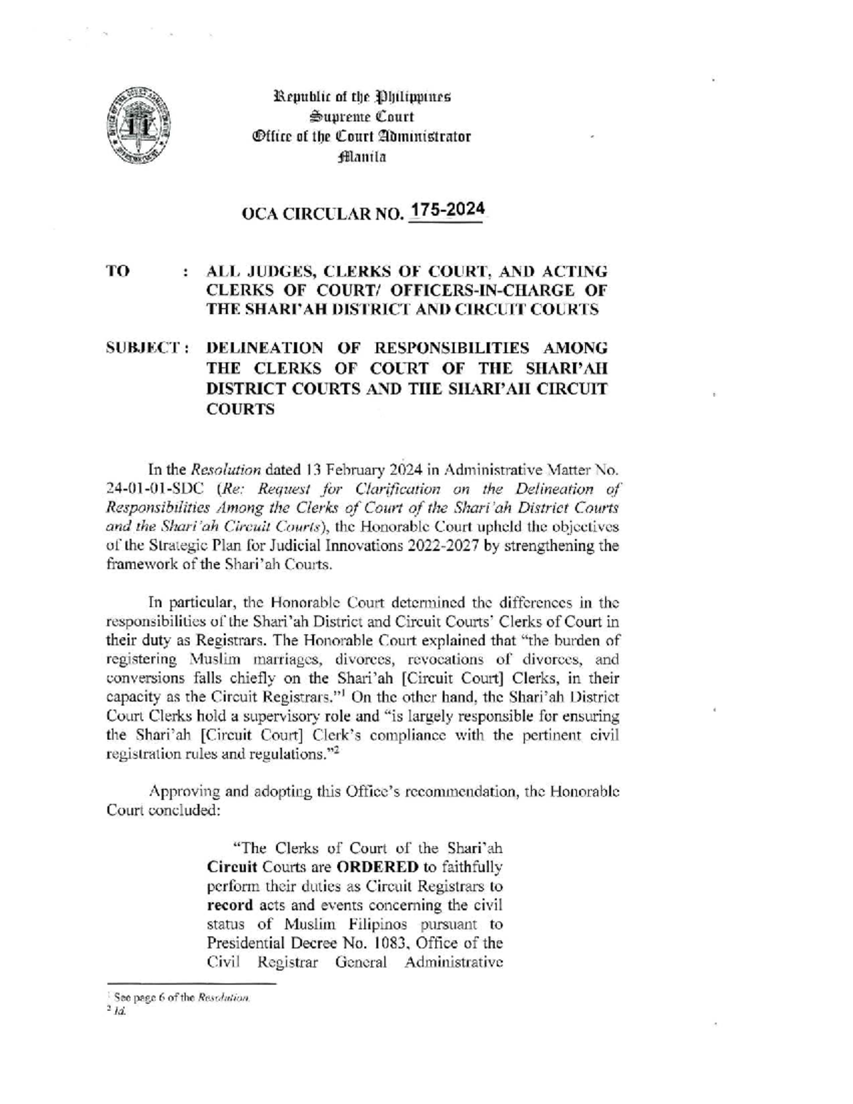 OCA Circular No. 2024-01: Responsibilities of Clerks of Court in Civil ...