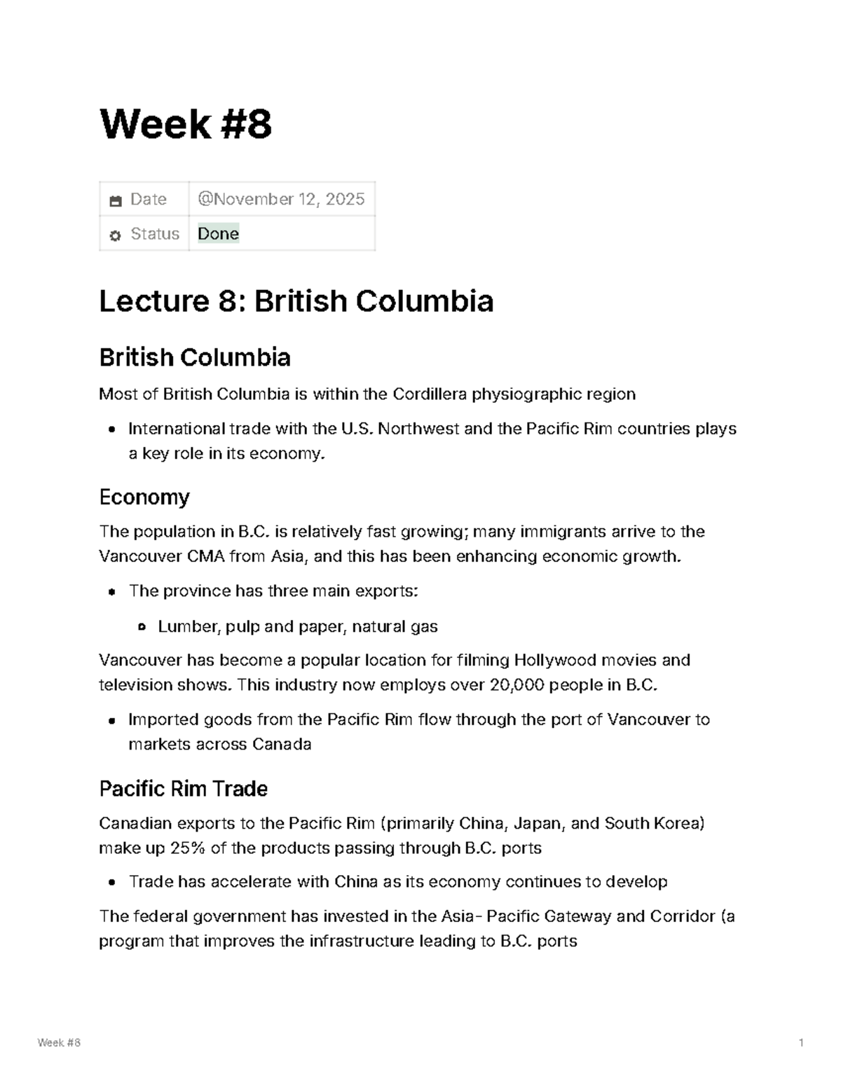Lecture 8: British Columbia Overview (Week 8, 2010) - Studocu