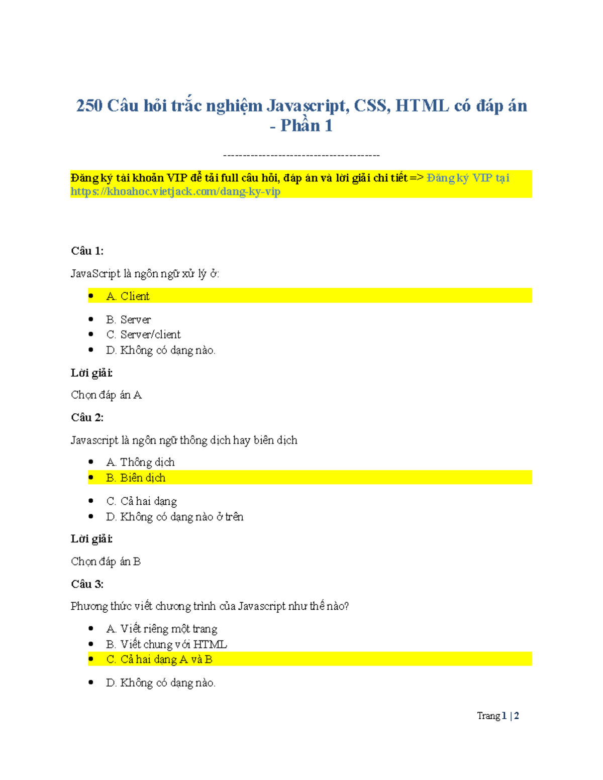 Trắc Nghiệm 250 Câu Hỏi JavaScript, CSS, HTML - Đáp Án Chi Tiết - Studocu