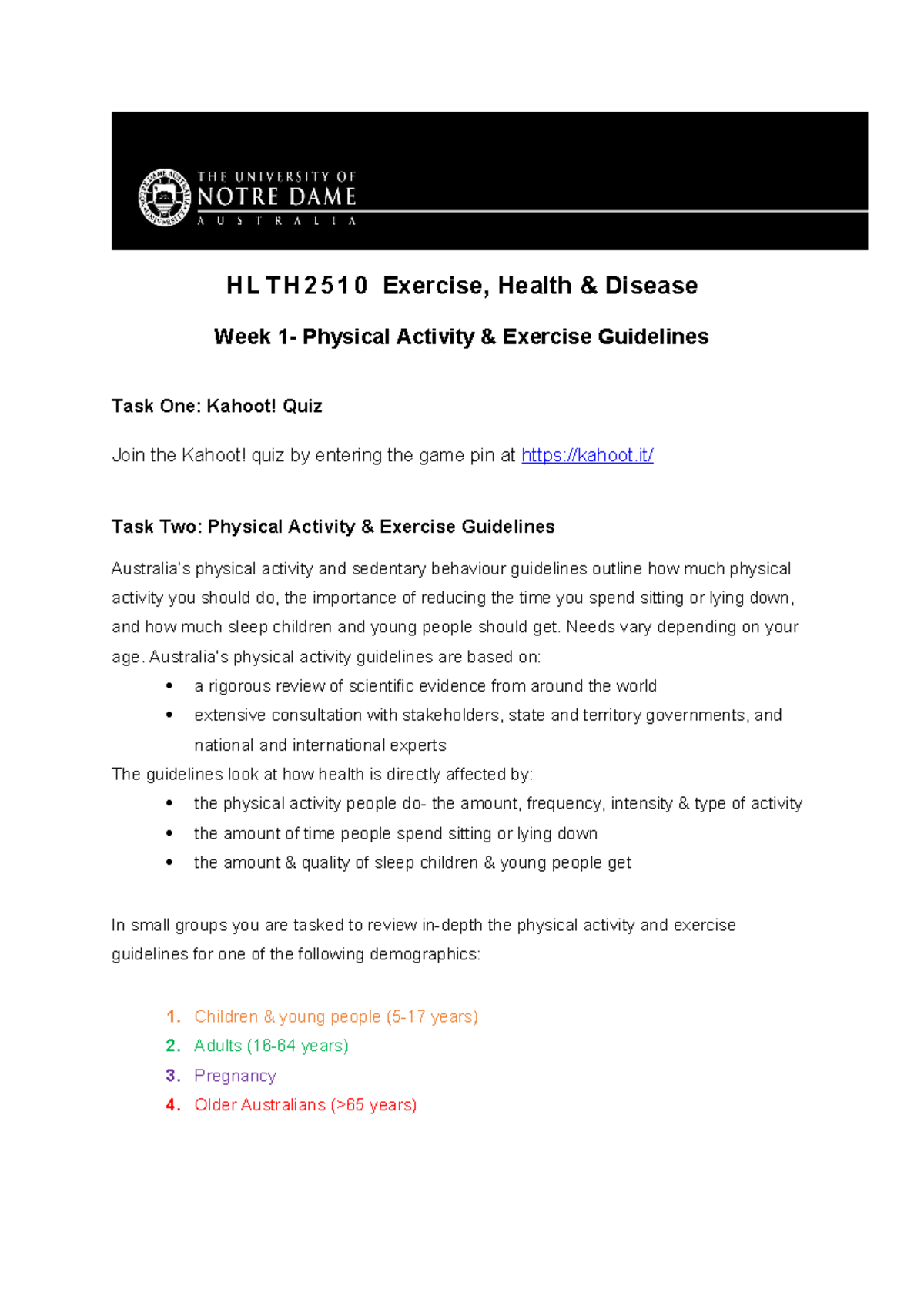 H L T H 2 5 1 0 Week 1 Tutorial Notes: Exercise & Health Guidelines ...