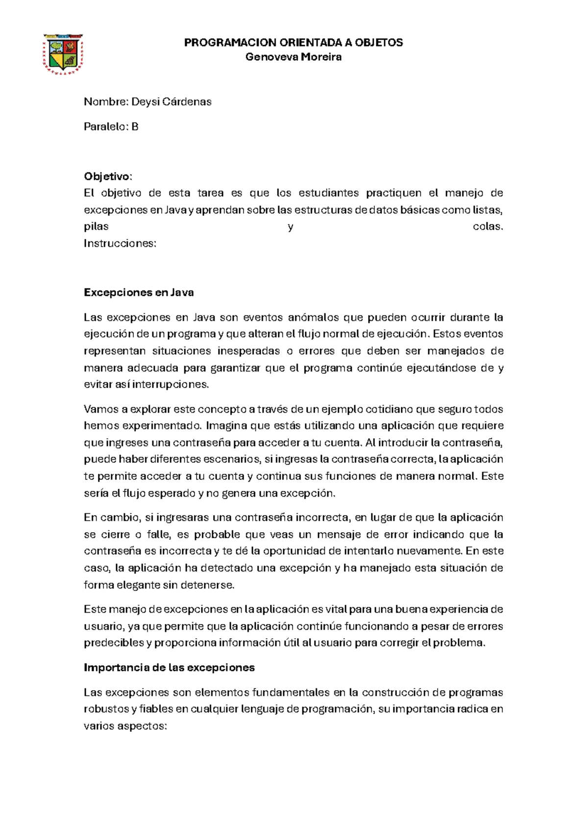 Programación Orientada a Objetos: Manejo de Excepciones en Java - Actividad 7 - Studocu