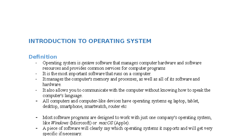 Introduction to Operating Systems (CS101) - Comprehensive Notes - Studocu