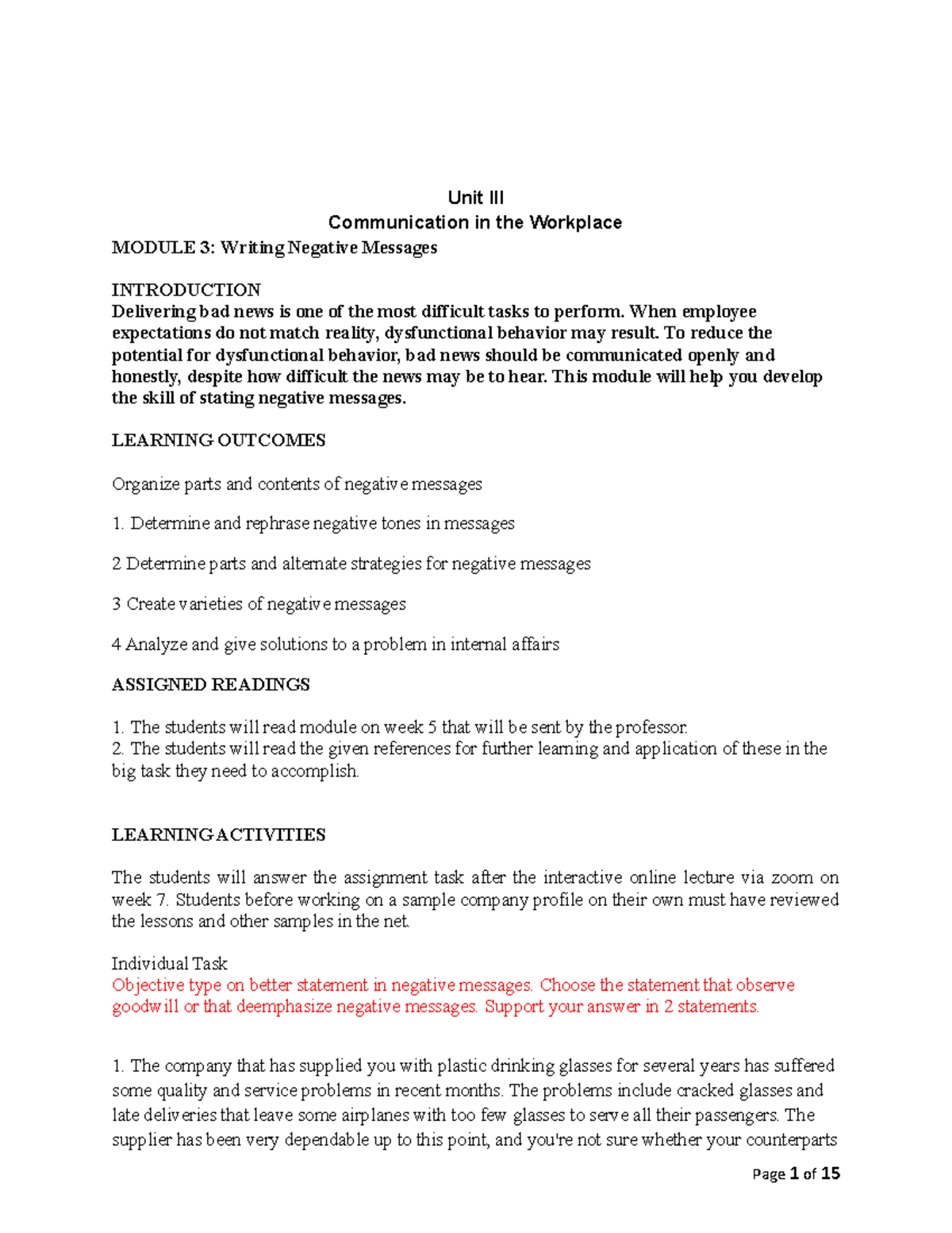 Module 3 CM III Writing Negative Messages Purcomm - Unit III ...