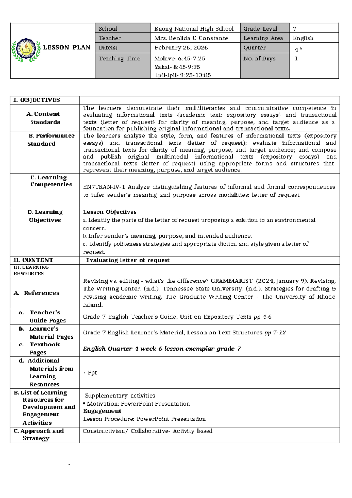 English 7 Lesson Plan: Writing Effective Letters of Request - Studocu
