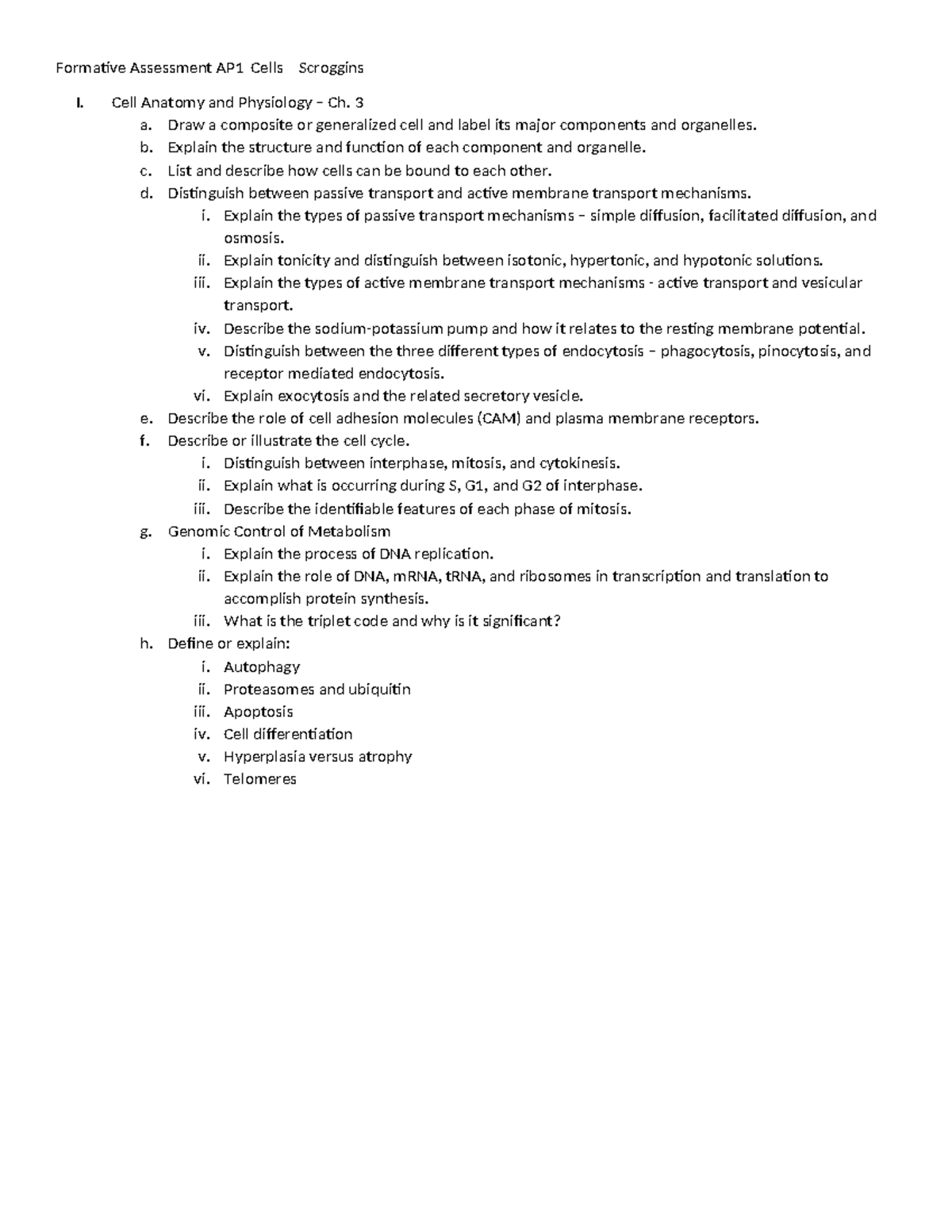 Formative Assessment AP1: Overview of Cell Anatomy & Physiology - Studocu