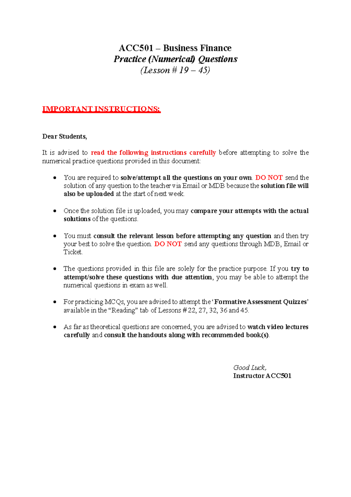 ACC501 Business Finance Numerical Practice Questions (Lesson 19-45 ...